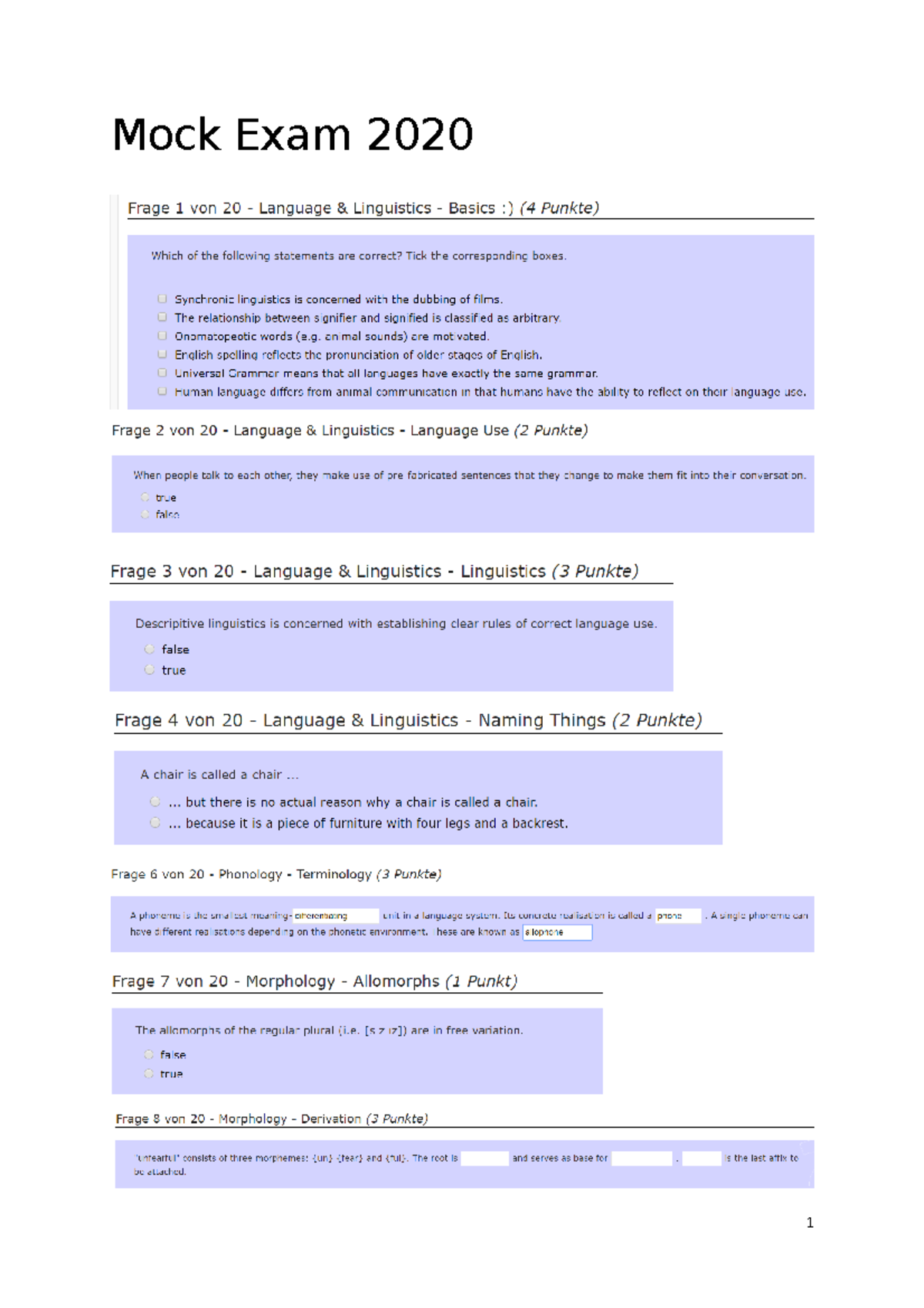 Mock Exam Linguistics 2020 - Introduction to English Linguistics - Mock ...