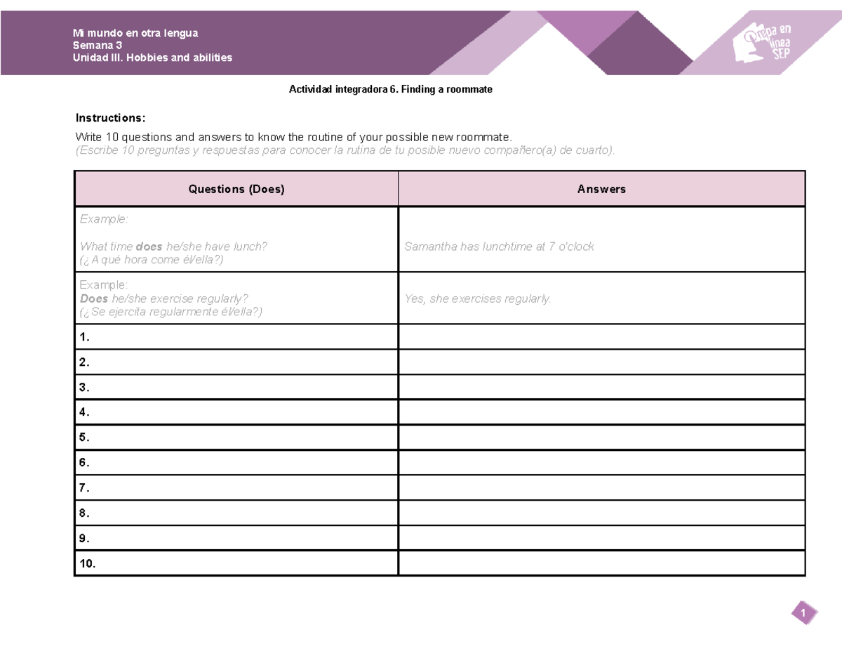 S3 AI6 WORD - Actividad Integradora - Instructions: Write 10 questions ...