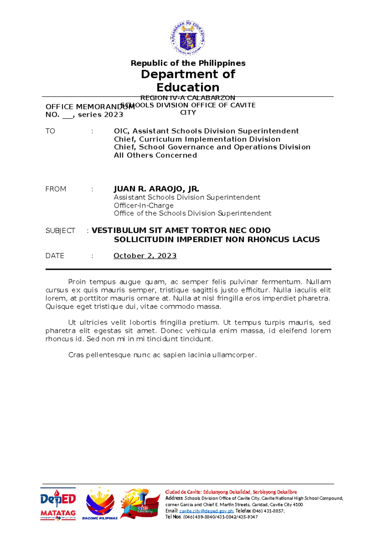 3. Office Memorandum - Portrait A4 size - Ciudad de Cavite: Edukasyong ...