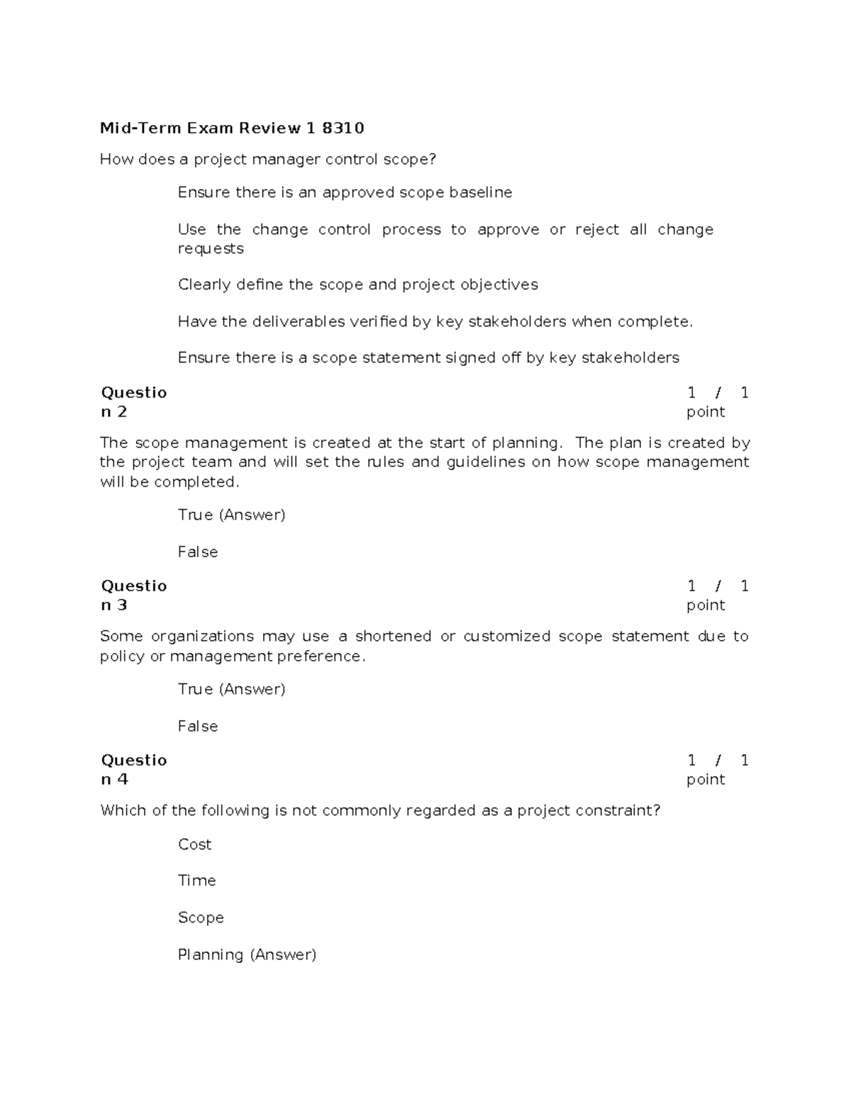 Scope control and scope management approach - Mid-Term Exam Review 1 ...