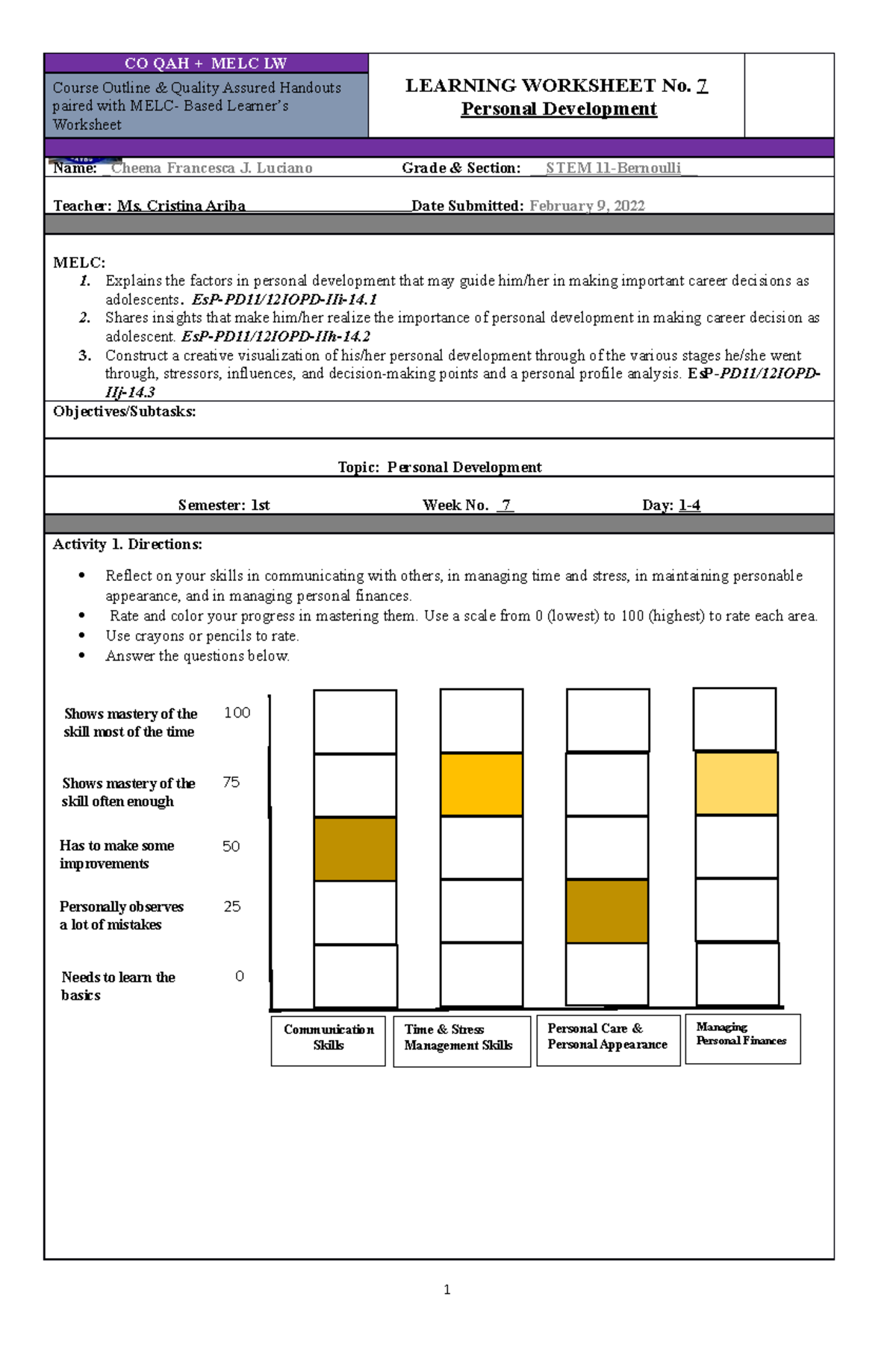 Cheena Francesca J. Luciano Q2- Perdev-WEEK-7-worksheet - CO QAH + MELC LW LEARNING WORKSHEET No ...