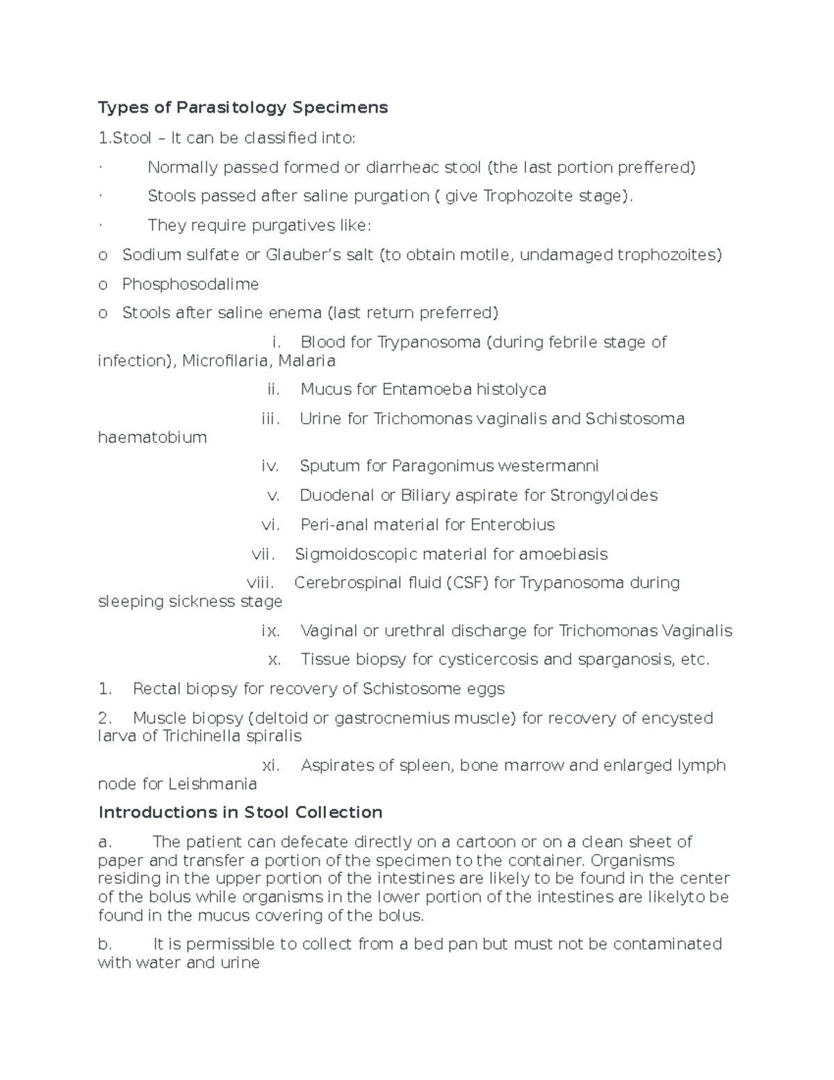 Types of Parasitology Specimens - · They require purgatives like: o ...