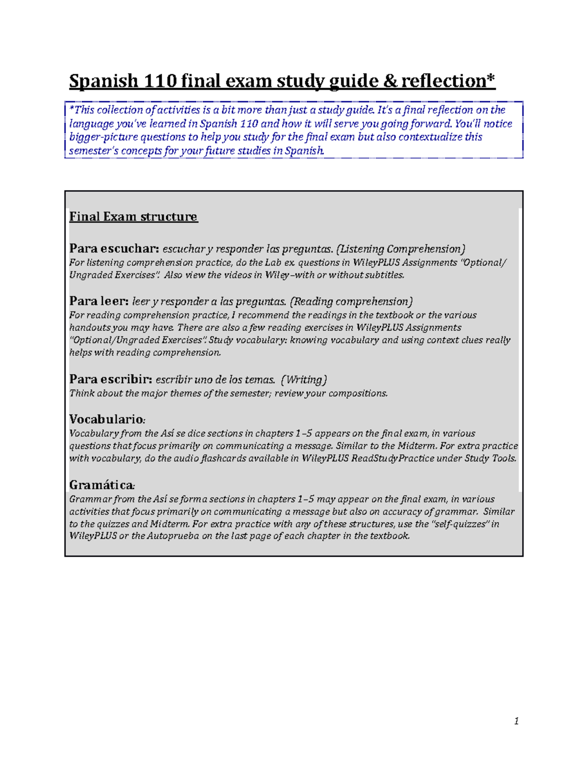 Spanish 110 final study guide - Spanish 110 final exam study guide ...