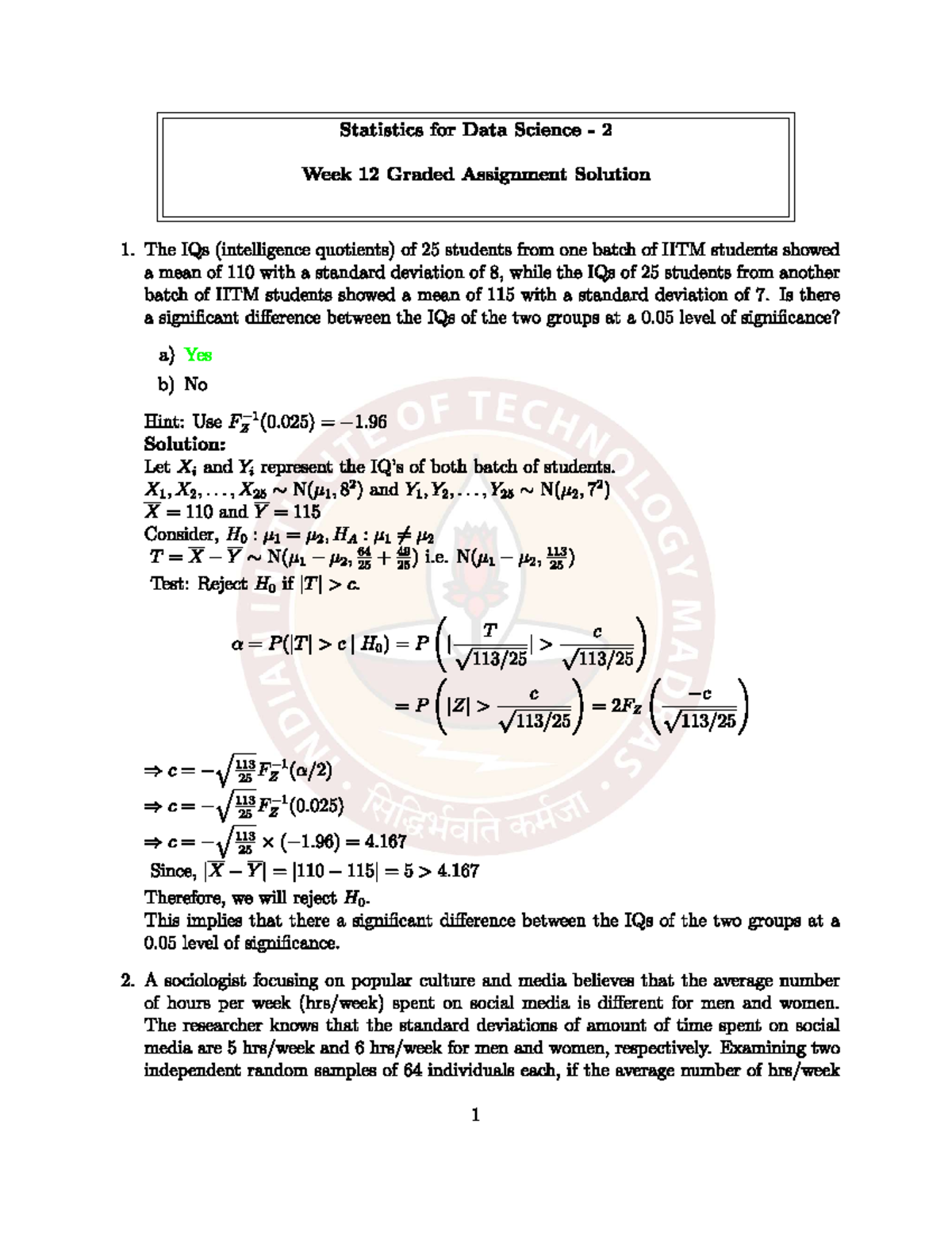 Stats 2 wk 12 ga - Graded assignment solution - Statistics for Data ...
