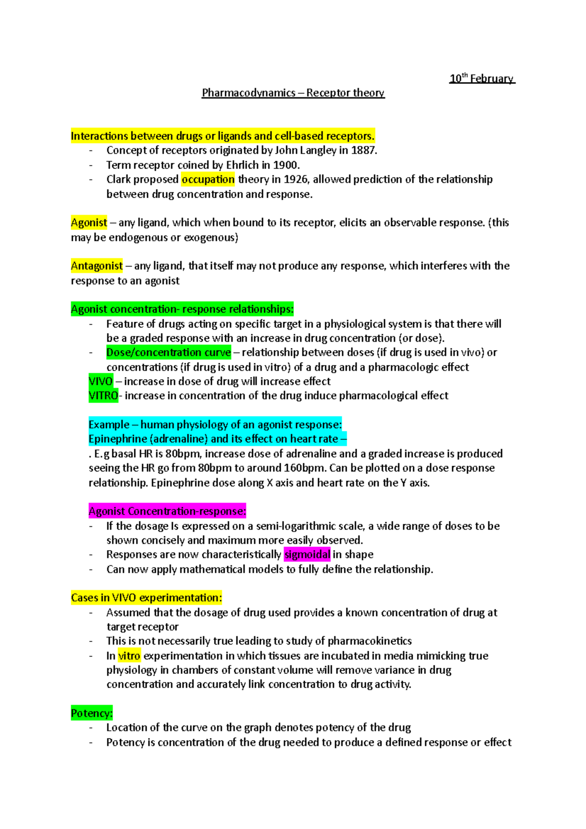 Pharmacodynamics - receptor theory -10th February - 10 th February ...