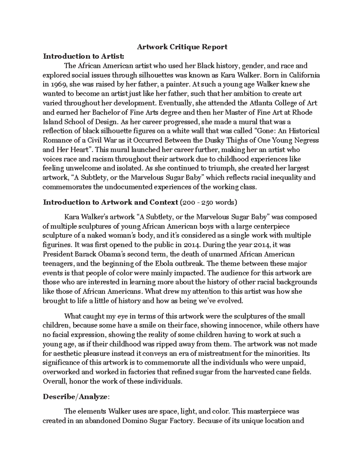 Artwork Critique Report - Artwork Critique Report Introduction to ...