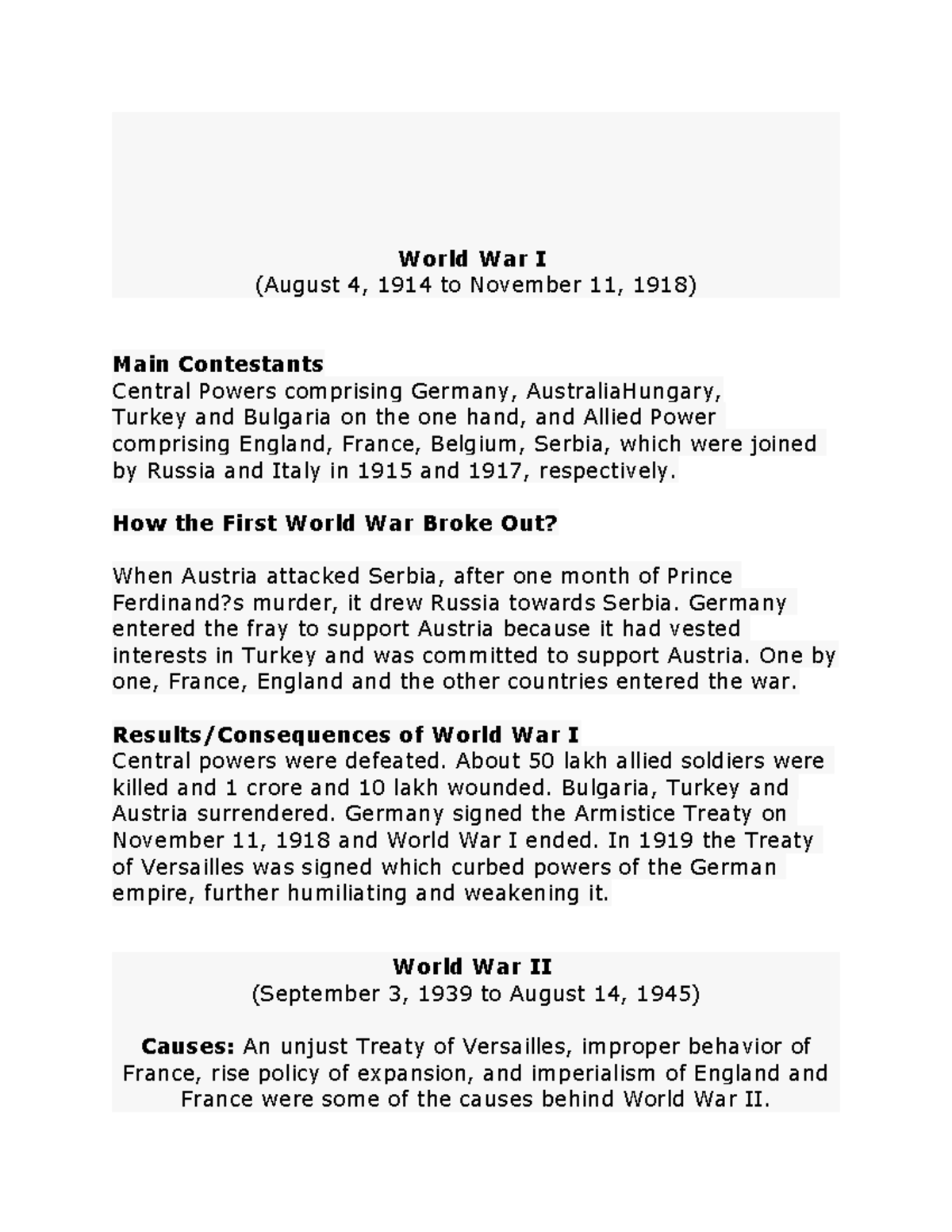 World War I - Summary International Relations - World War I (August 4 ...