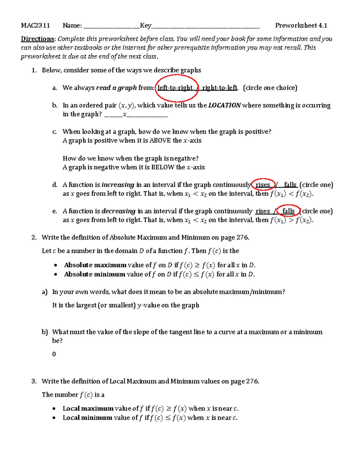 Preworksheet 4.1 Solutions - MAC2311 Name: Key ...