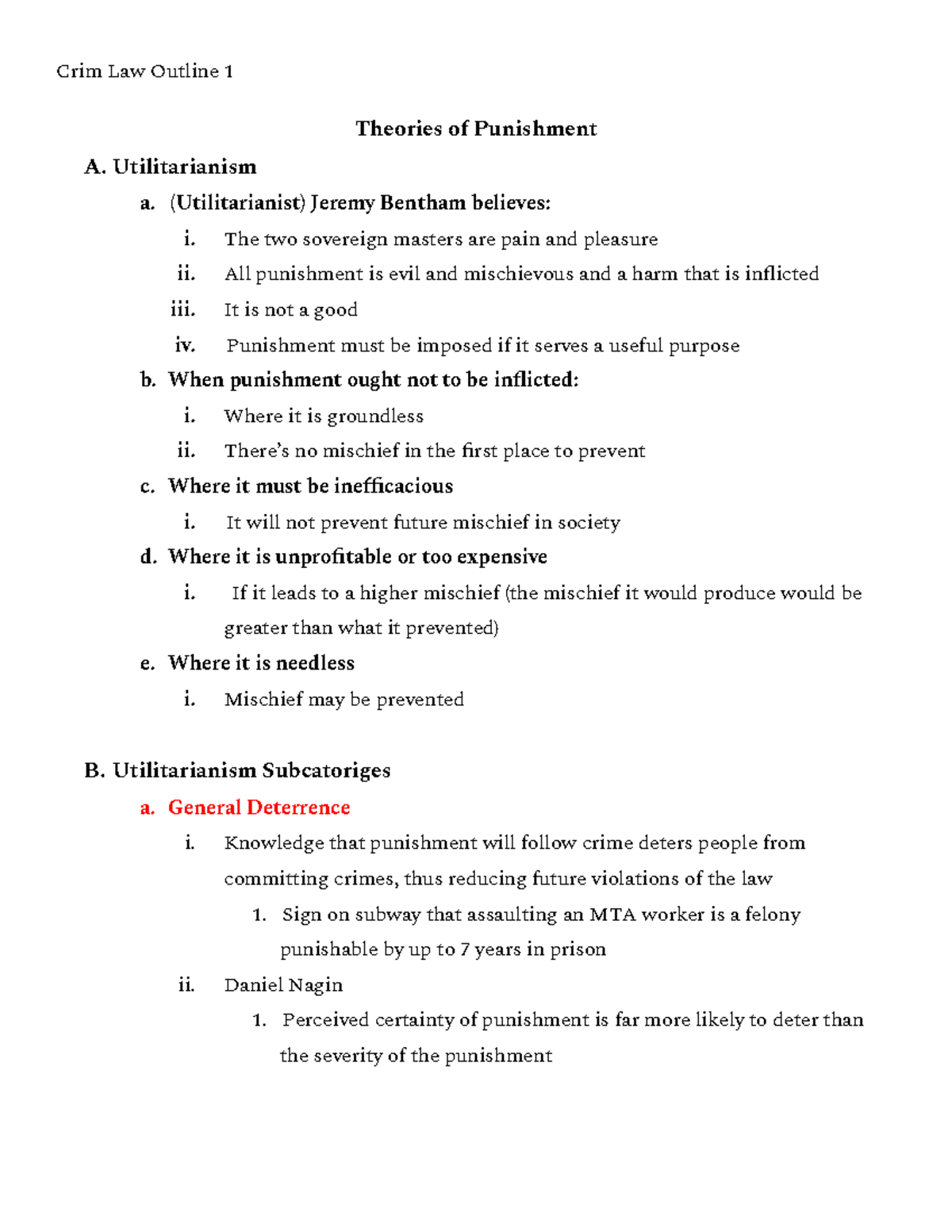 Theories OF Punishment - Crim Law Outline 1 Theories of Punishment A ...