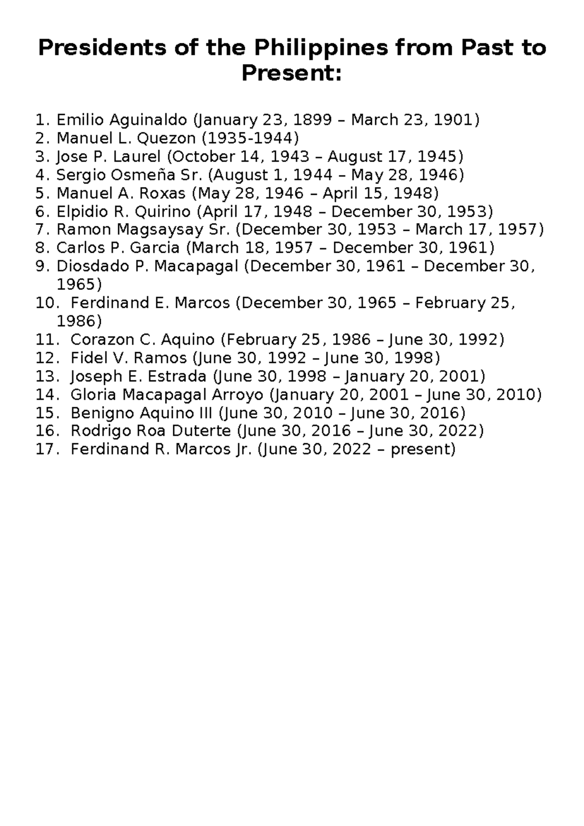 Presidents of the Philippines from Past to Present - Emilio Aguinaldo ...