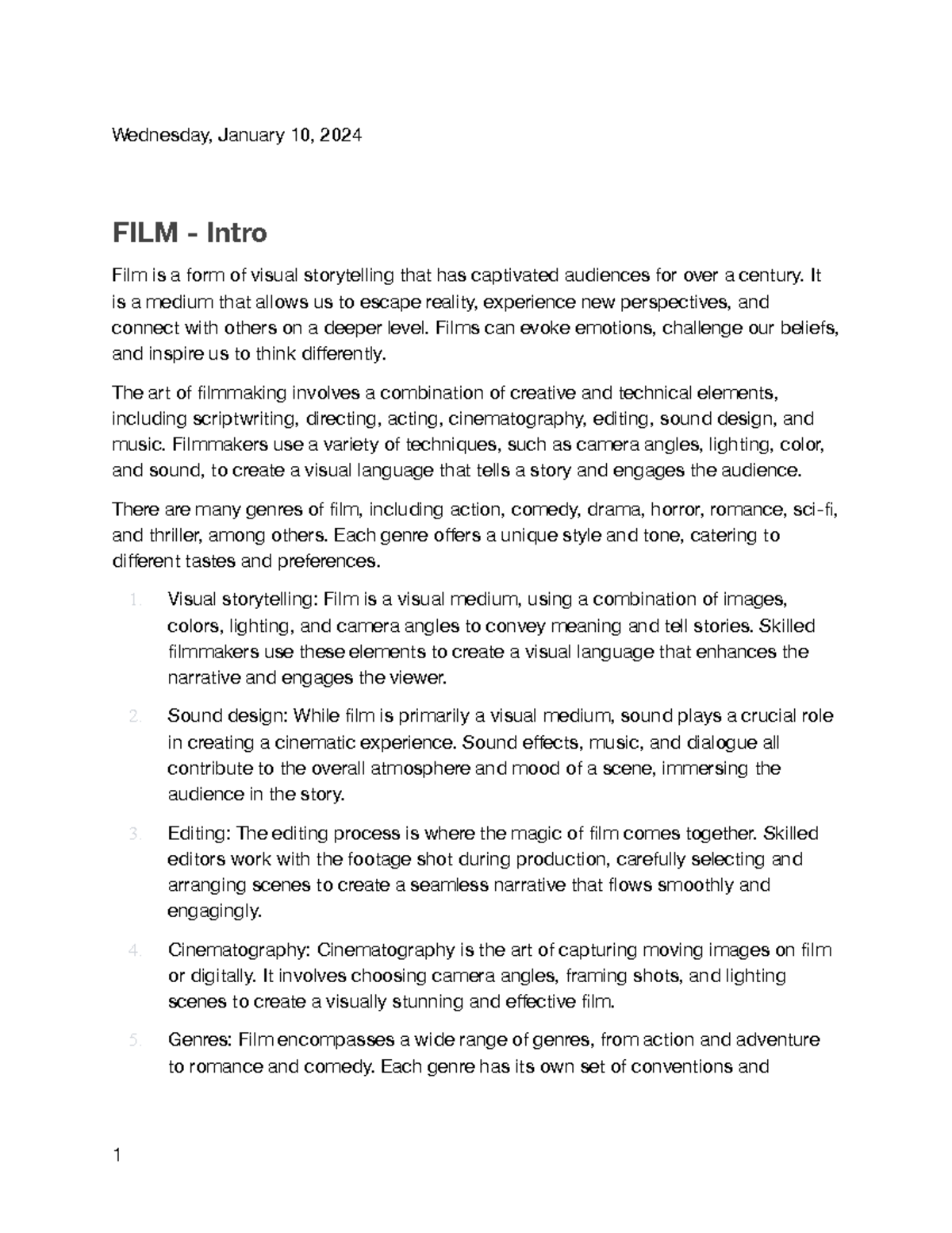 Intro to film notes - Wednesday, January 10, 2024 FILM - Intro Film is ...