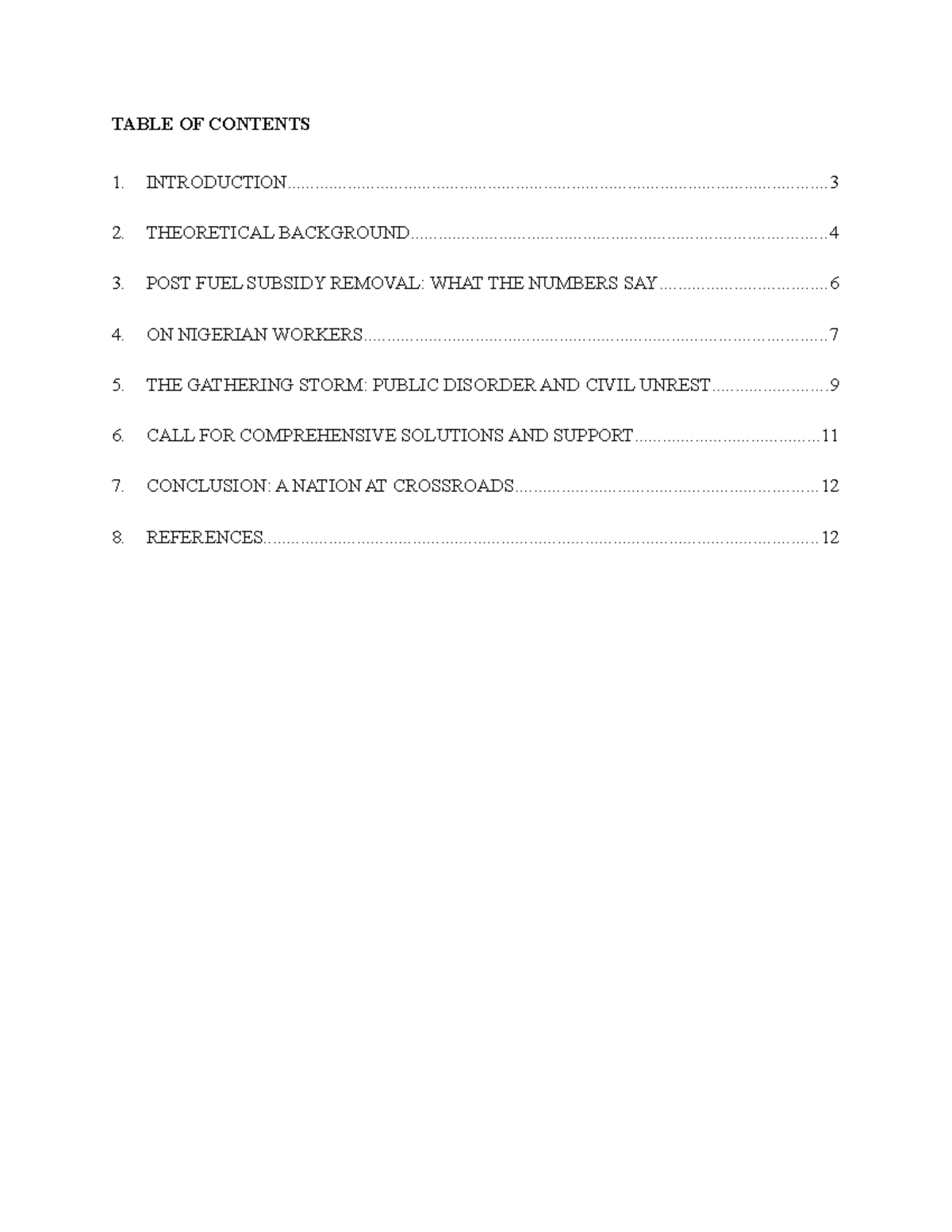 THE EFFECTS OF FUEL SUBSIDY REMOVAL ON NIGERIAN WORKERS - TABLE OF CONTENTS - Studocu