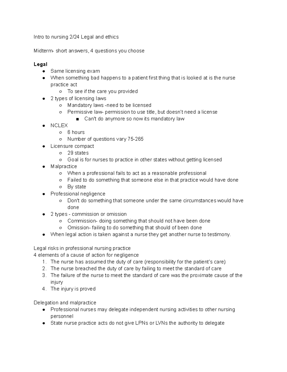 Intro to nursing - Legal risks in professional nursing practice 4 ...