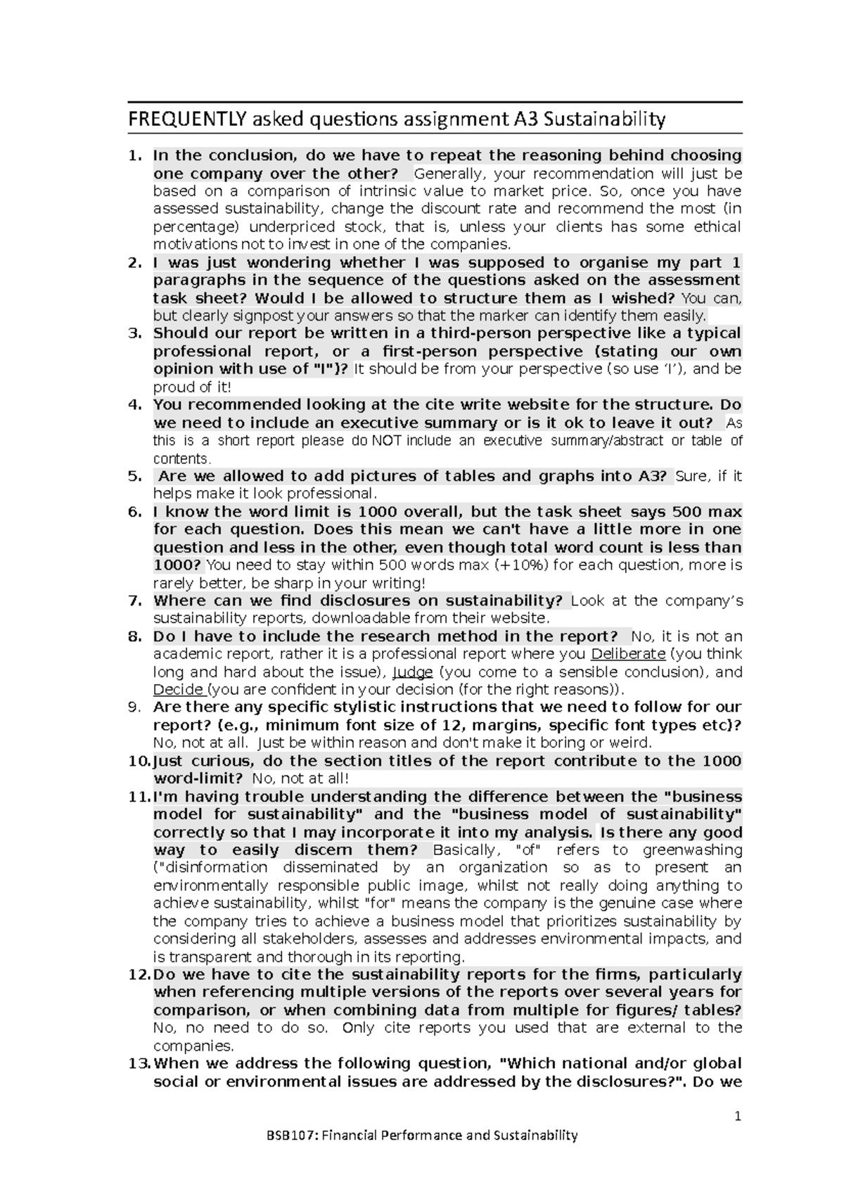 FAQ assignment A3 Sustainability - FREQUENTLY asked questions ...