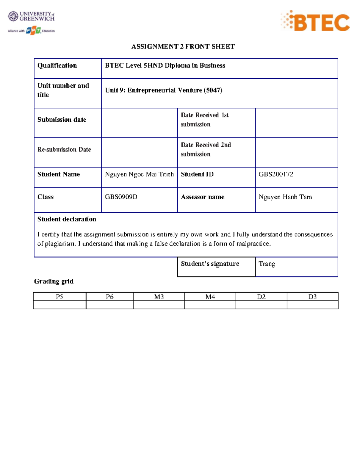 Nguyen Ngoc Mai Trinh - mmmm - ASSIGNMENT 2 FRONT SHEET Qualification BTEC Level 5 HND Diploma ...