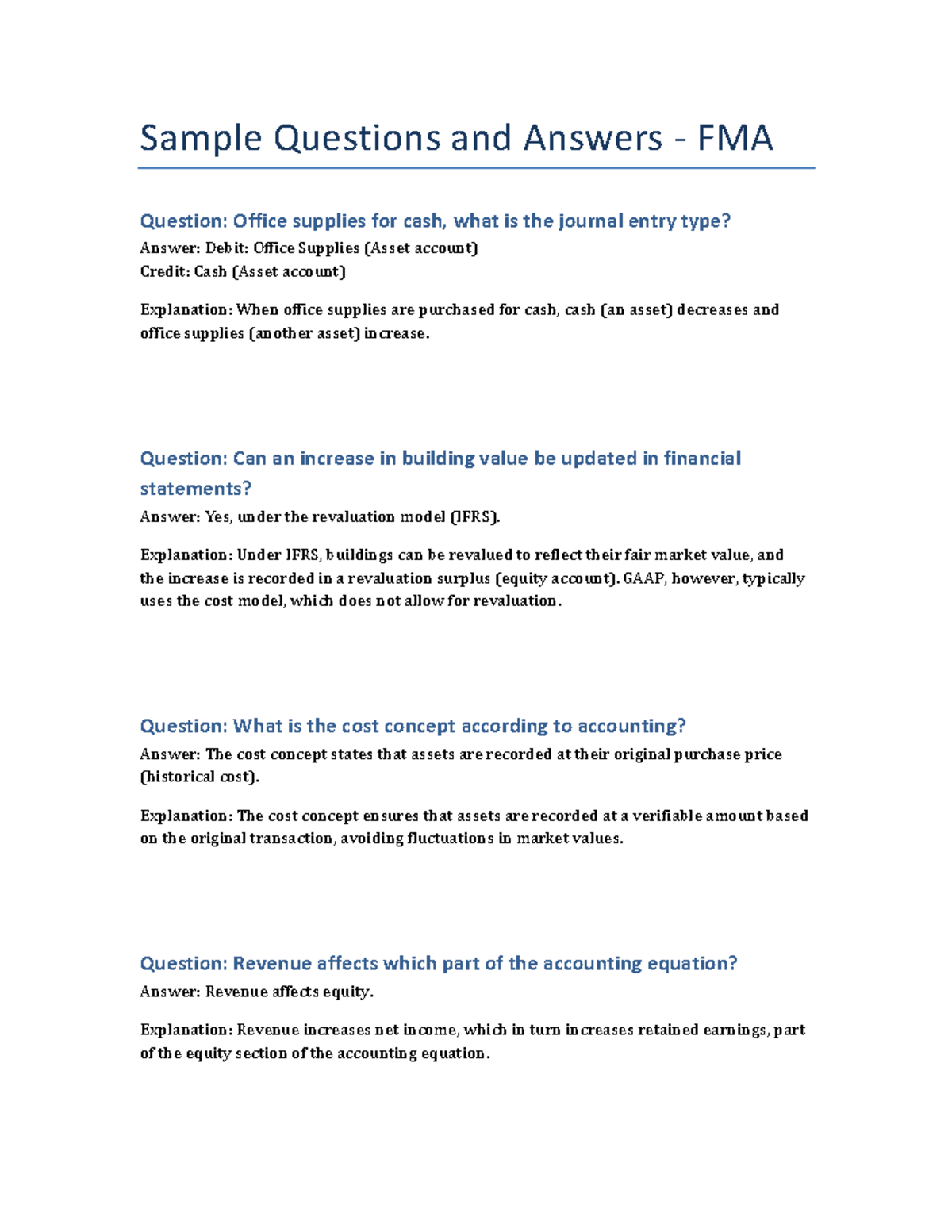 Accounting Q&A Samples - Sample Questions and Answers - FMA Question ...