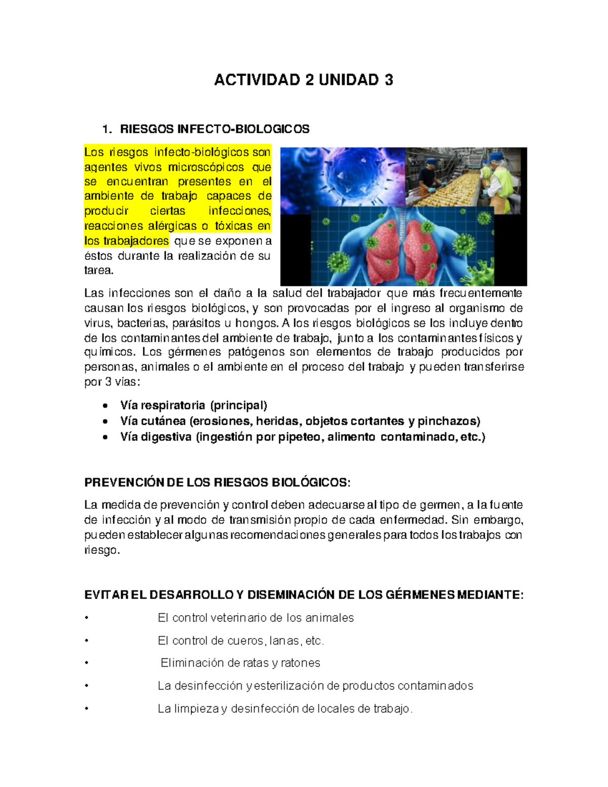 RIESGOS INFECTO-BIOLOGICOS, RIESGOS BIOLOGICOS. - ACTIVIDAD 2 UNIDAD 3 ...