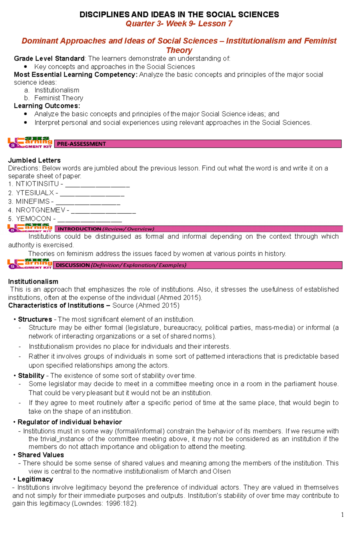 DISS Module WEEK 9 - DISCIPLINE - Jumbled Letters Directions: Below ...
