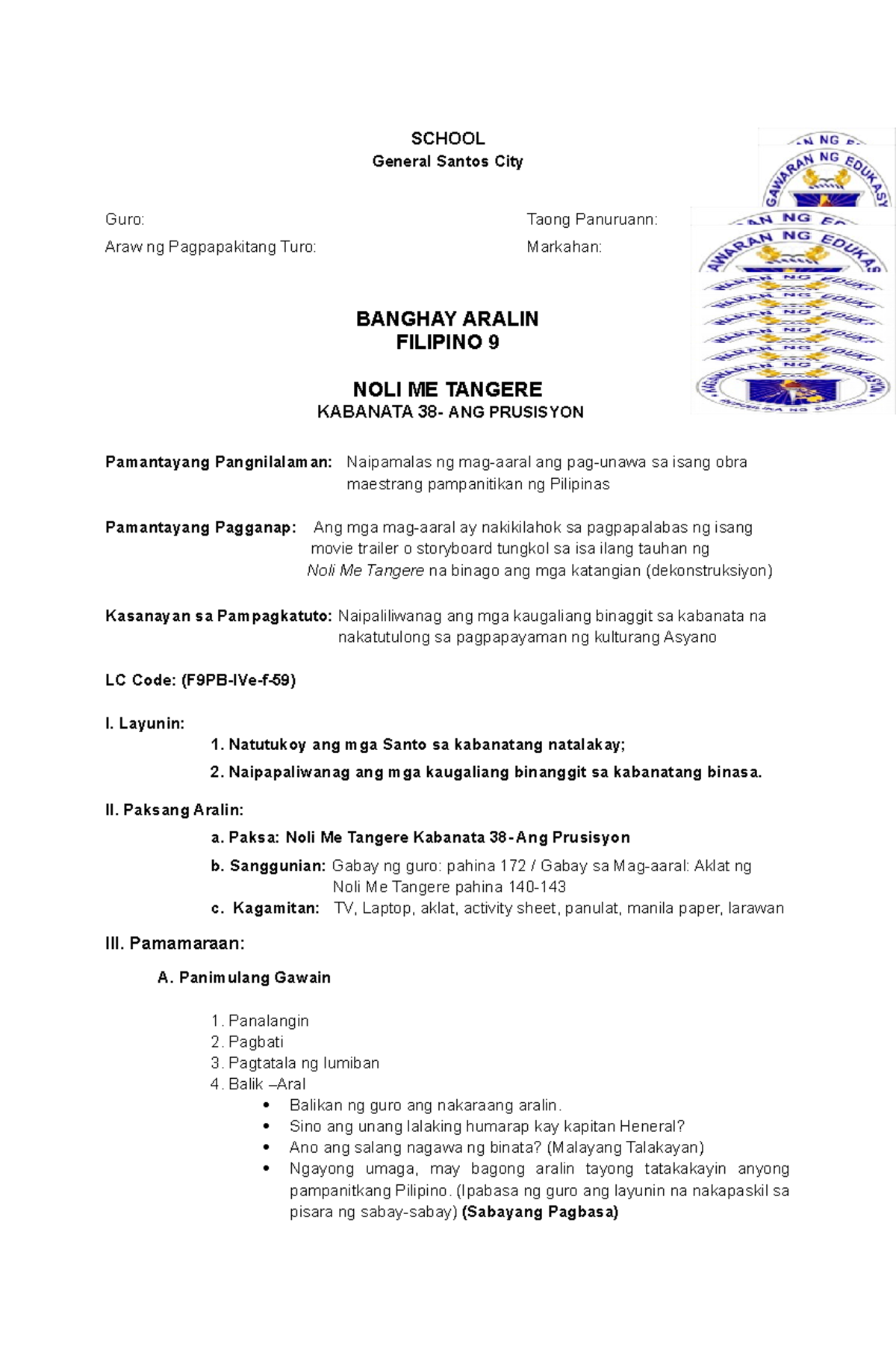 Lessson PLAN FIL9 Q3 - LESSON PLAN IN FILIPINO 9 - SCHOOL General ...