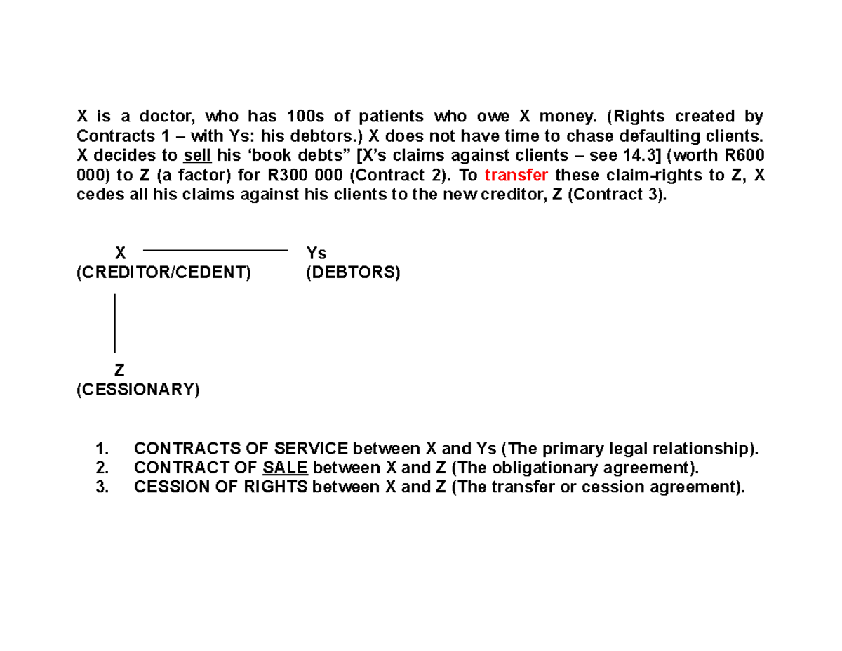 Cession Example FOR Screen - X is a doctor, who has 100s of patients who owe X money. (Rights ...