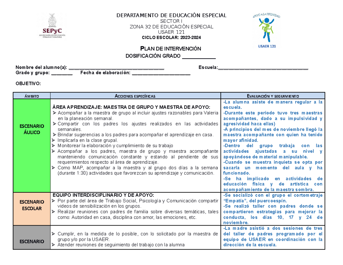 Nuevo Formato PLAN de intervenciòn 2023-2024 - DEPARTAMENTO DE EDUCACIÒN ESPECIAL SECTOR I ZONA ...