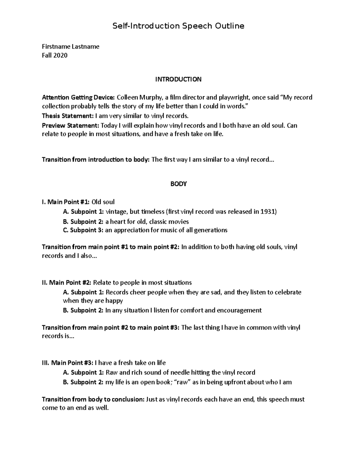 Speech Written Work Example - Self-Introduction Speech Outline ...