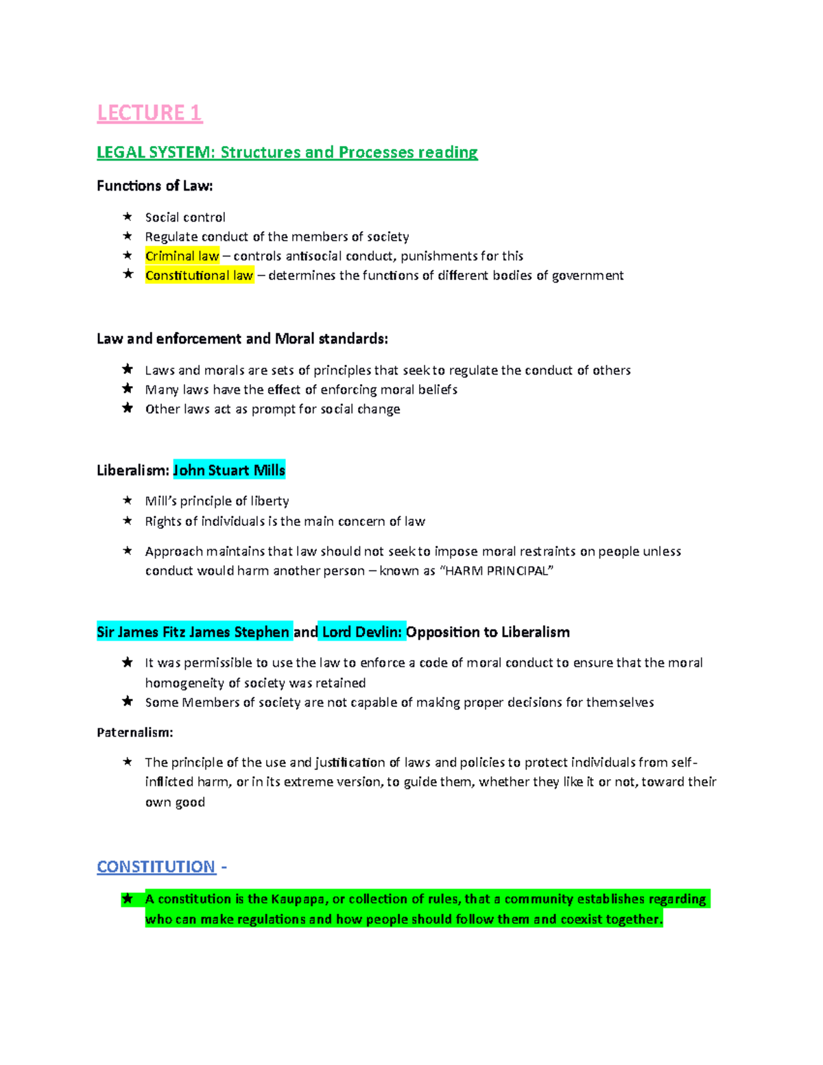 LAW TEST 1 Cheat Sheet-2 - LECTURE 1 LEGAL SYSTEM: Structures and ...