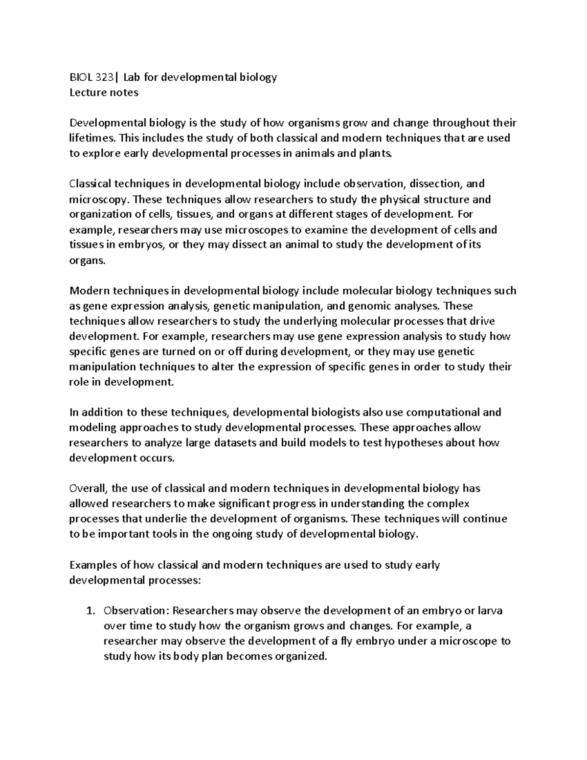 BIOL 323 delevopmental biology notes - BIOL 323| Lab for developmental ...