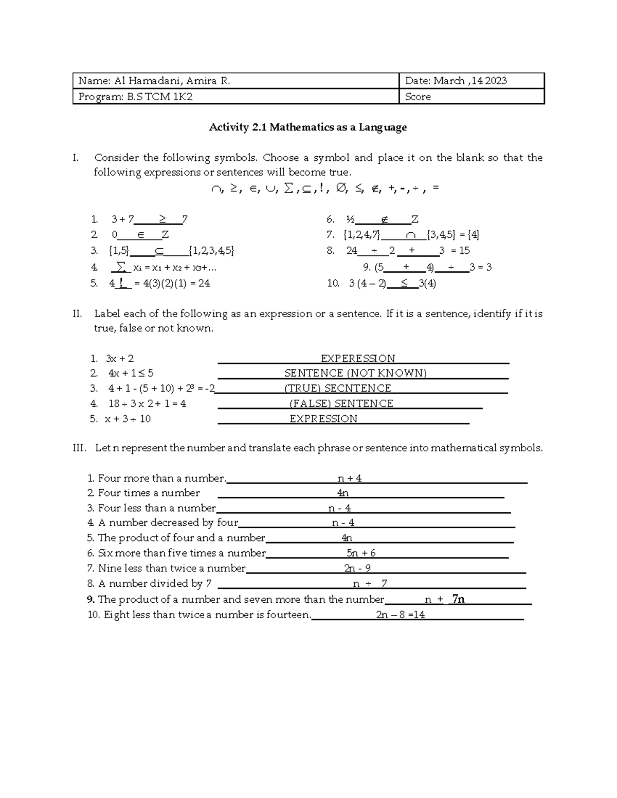 MMW 2 - Answered 2nd Activity - Name: Al Hamadani, Amira R. Date: March ...