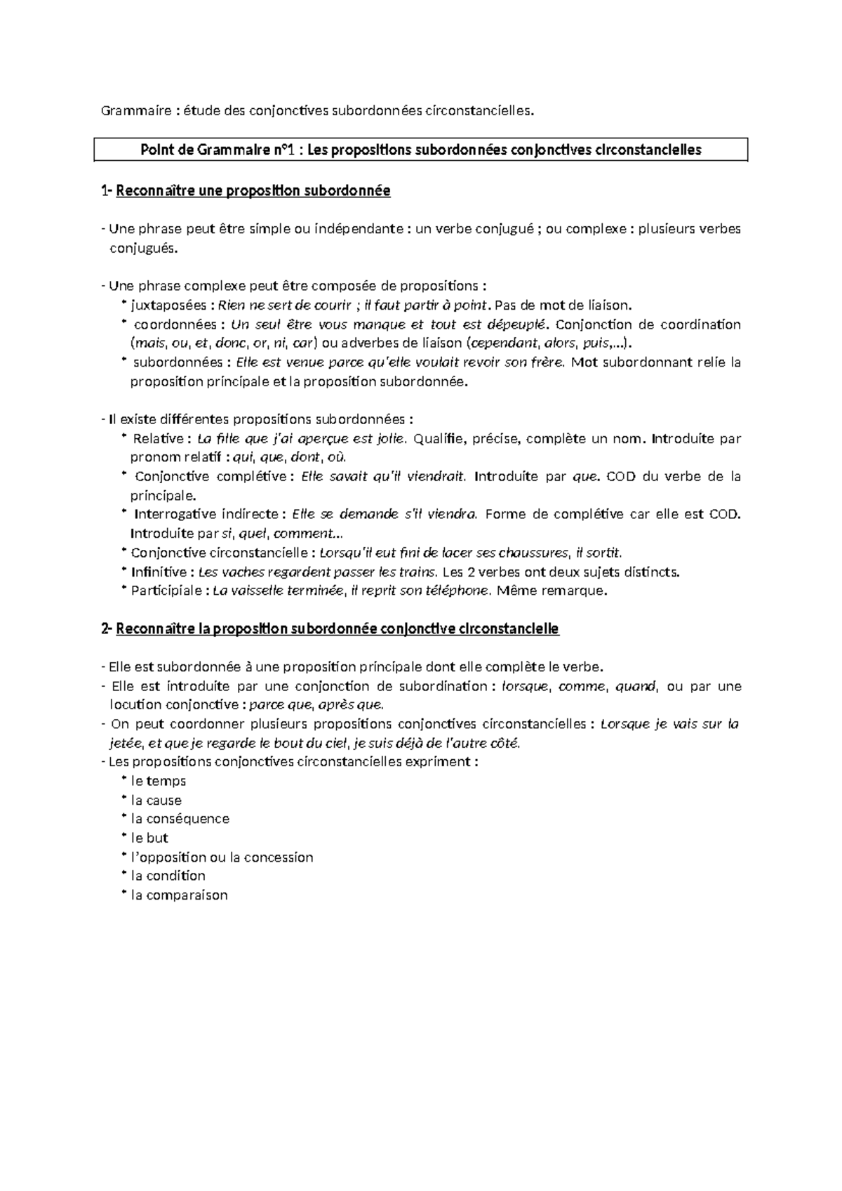 Grammaire Les prop. sub. conj. circonst. lecon et exercices en lien ...