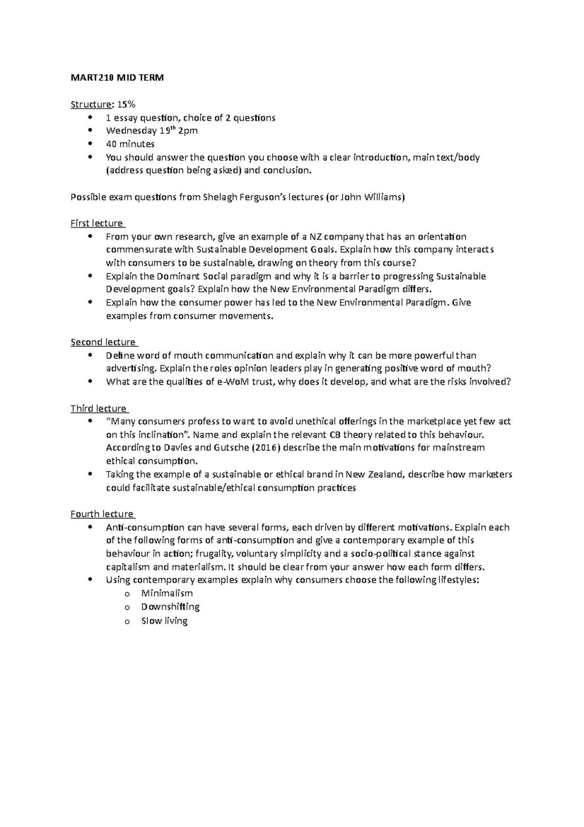 MART210 Mid Term Past Questions - MART210 MID TERM Structure: 15% 1 ...