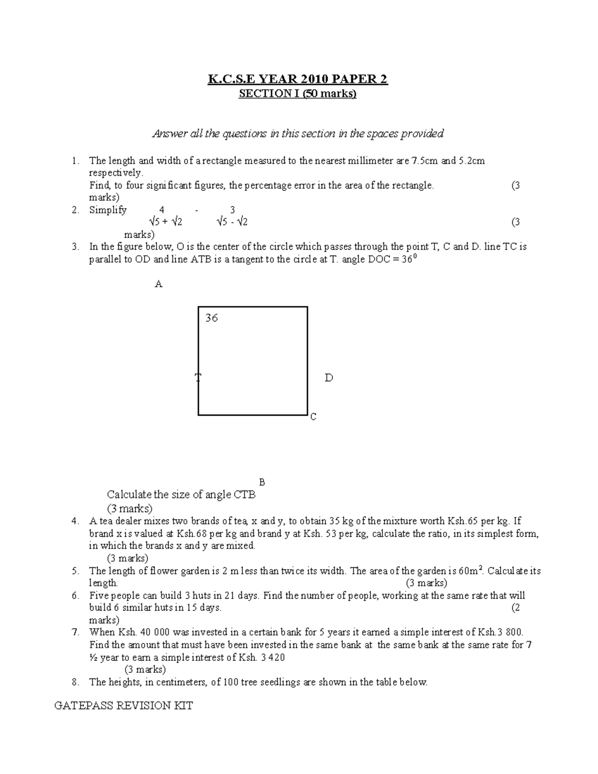 2010 Maths P2 Questions - K.C.S YEAR 2010 PAPER 2 SECTION I (50 marks ...