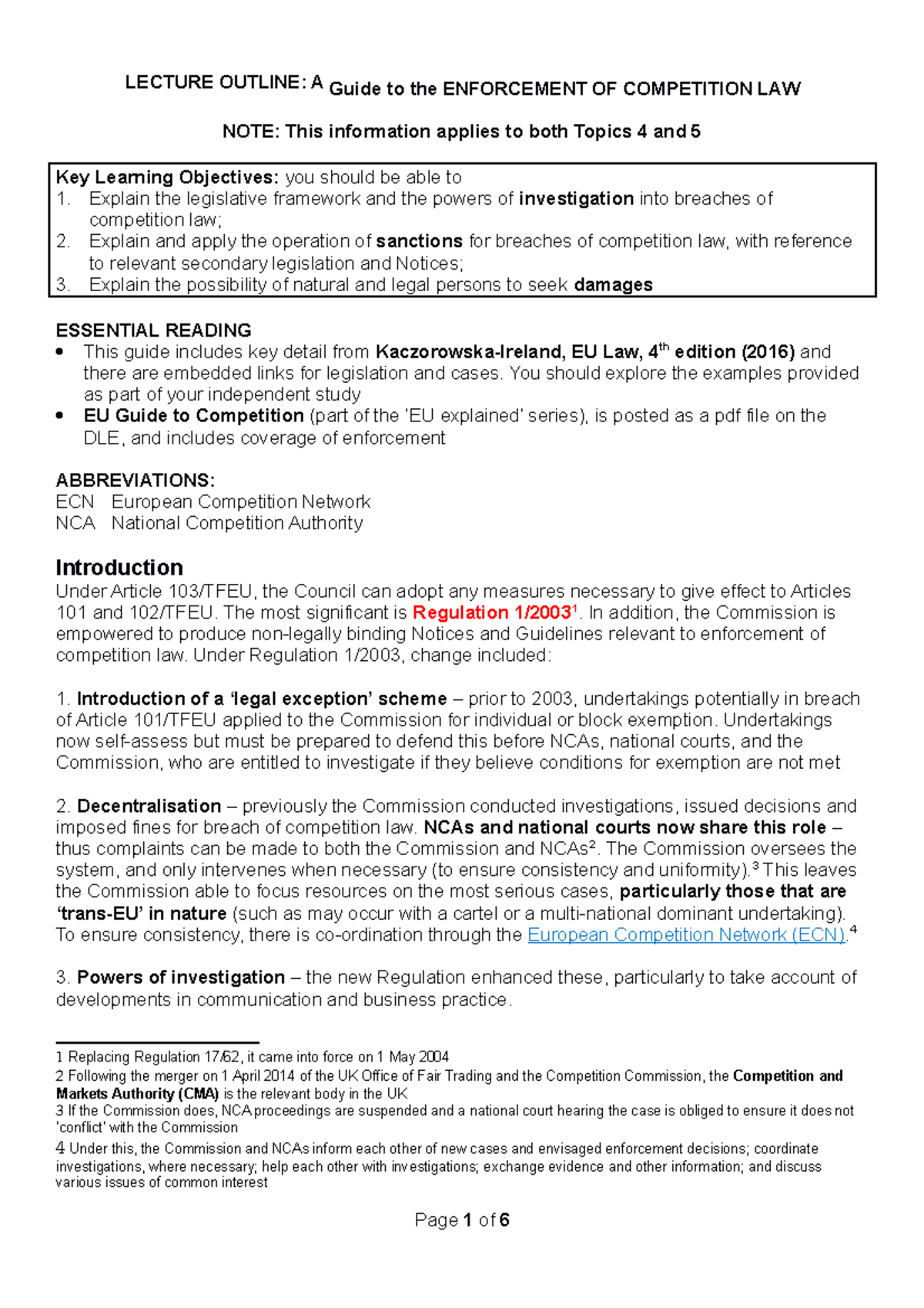 Lecture Outline Guide to the Enforcement of Competition Law - LDBM52 - Marjon - Studocu