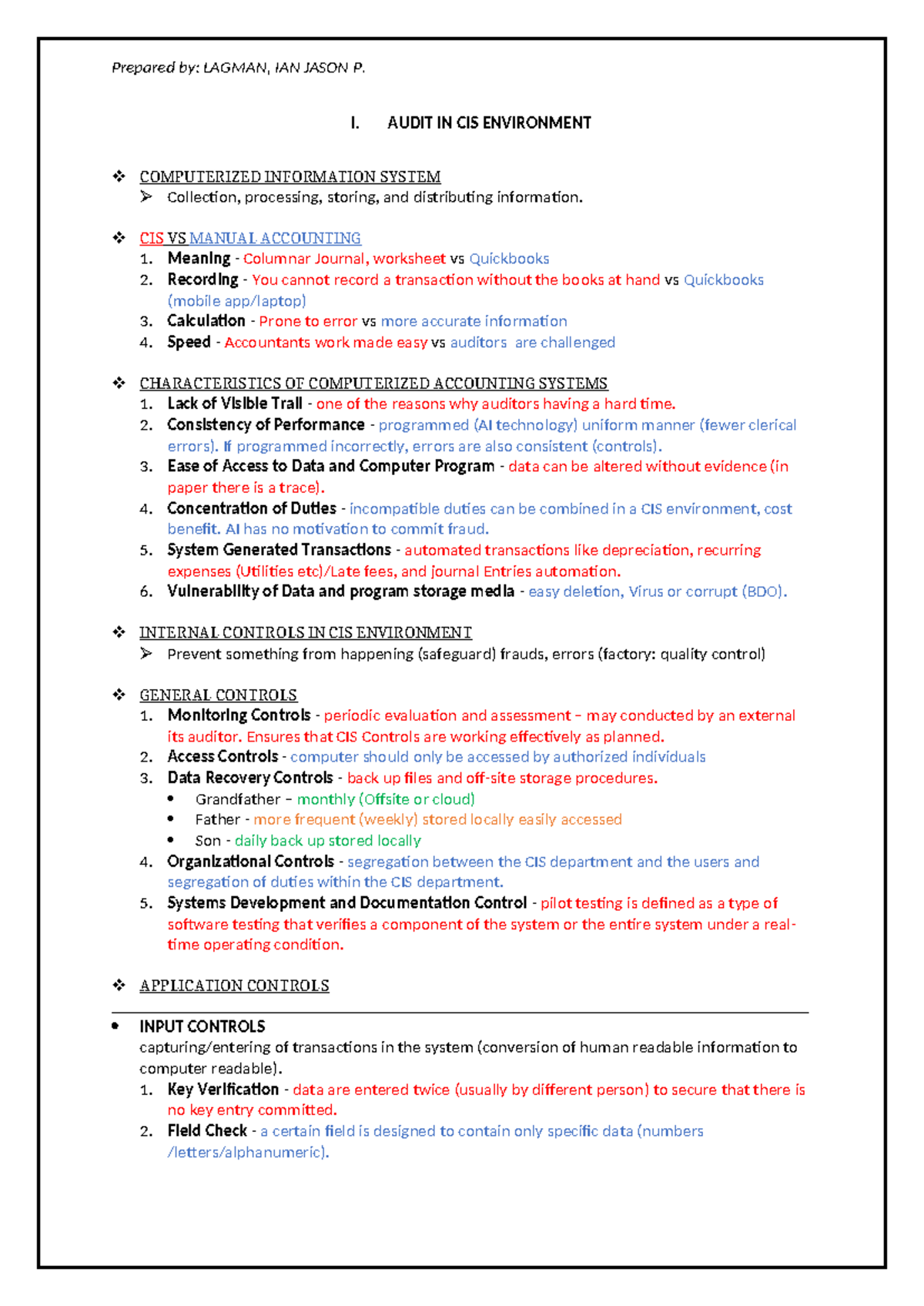CIS - I. AUDIT IN CIS ENVIRONMENT COMPUTERIZED INFORMATION SYSTEM ...