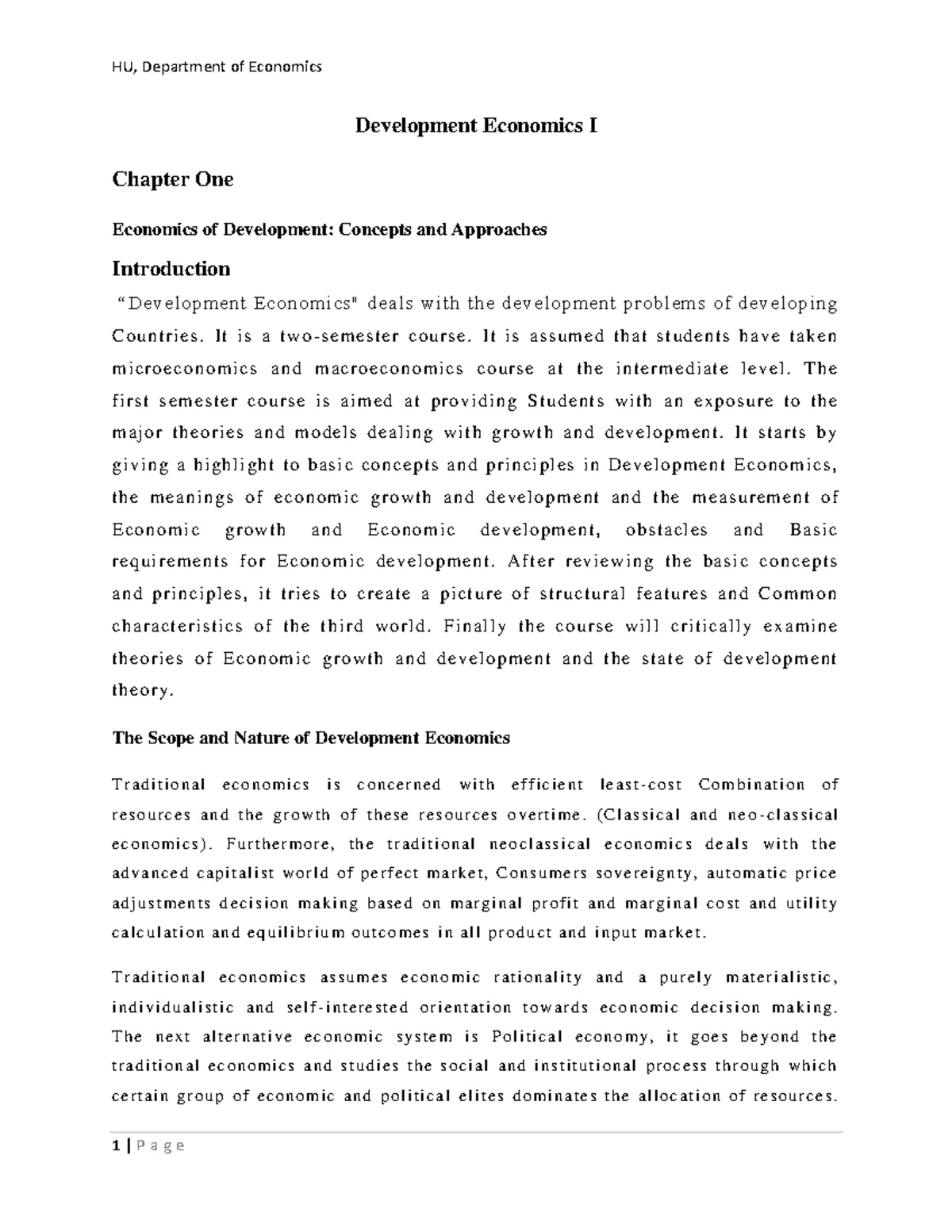 Dev I HD(1) - BEST - Development Economics I Chapter One Economics of ...