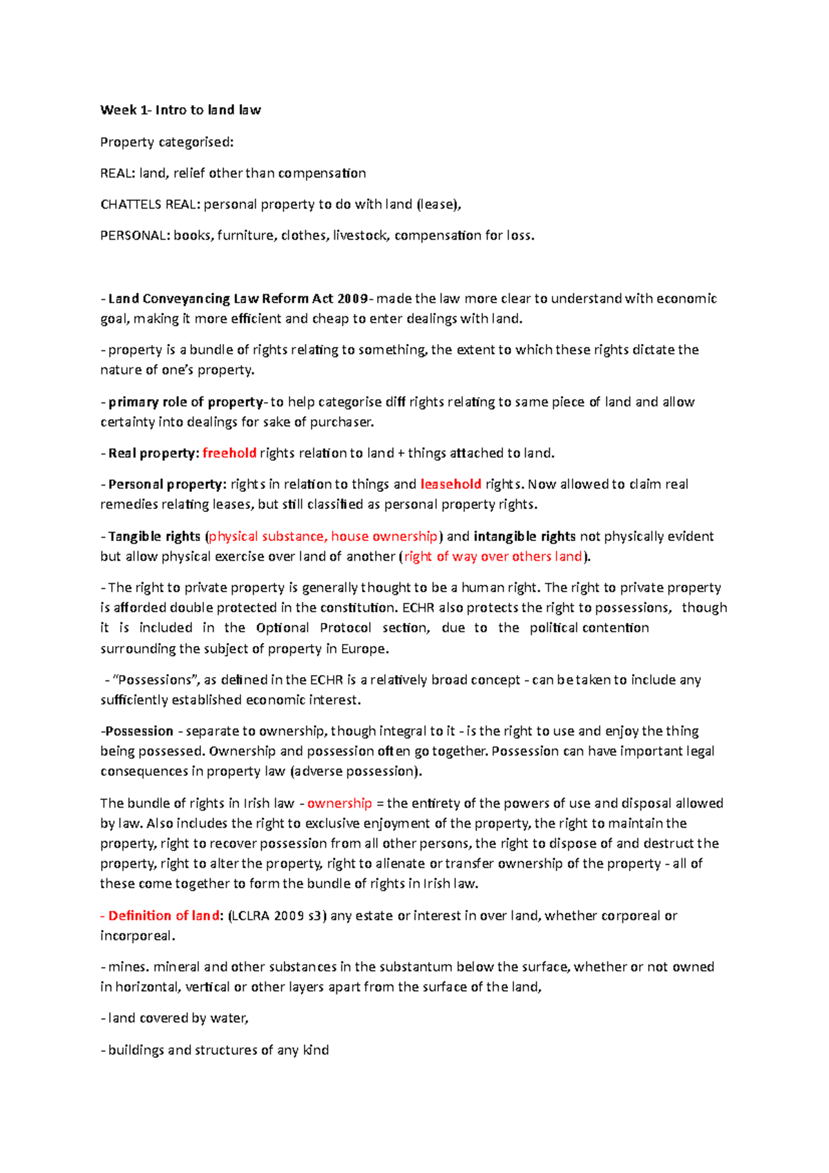 Land law notes - intro to land law - Week 1- Intro to land law Property ...