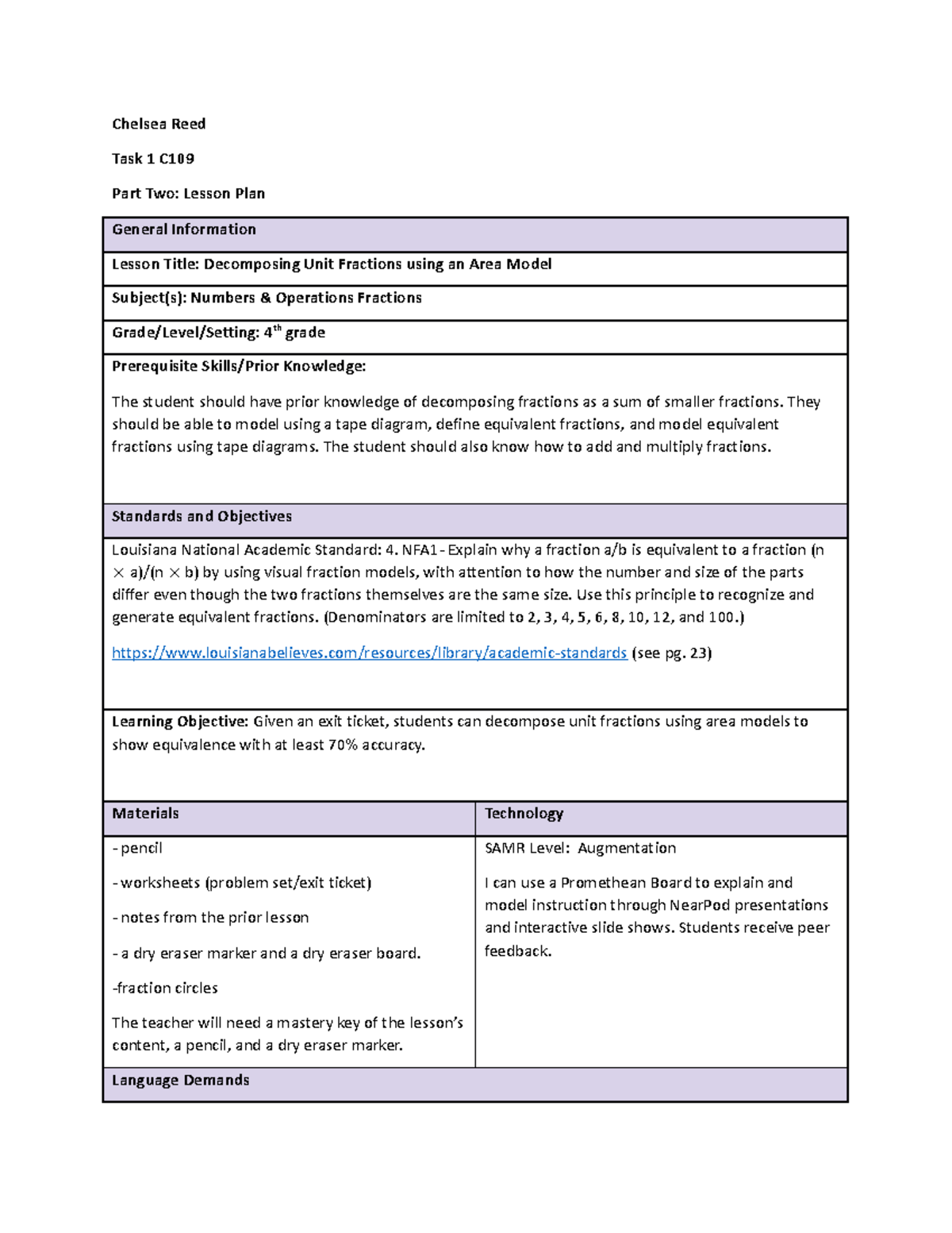 Task 1 C109 Part Two - Passed - Chelsea Reed Task 1 C Part Two: Lesson ...