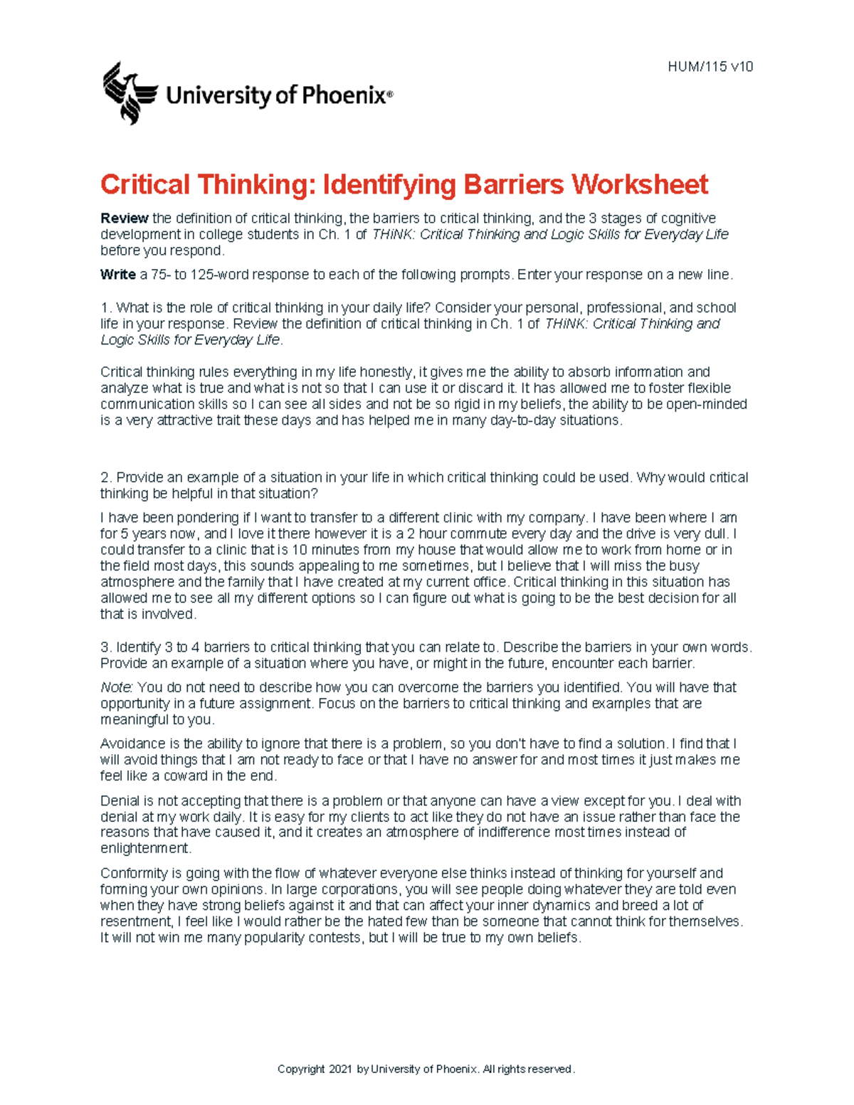 Hum115 v10 wk1 critical thinking identifying barriers worksheet - HUM ...