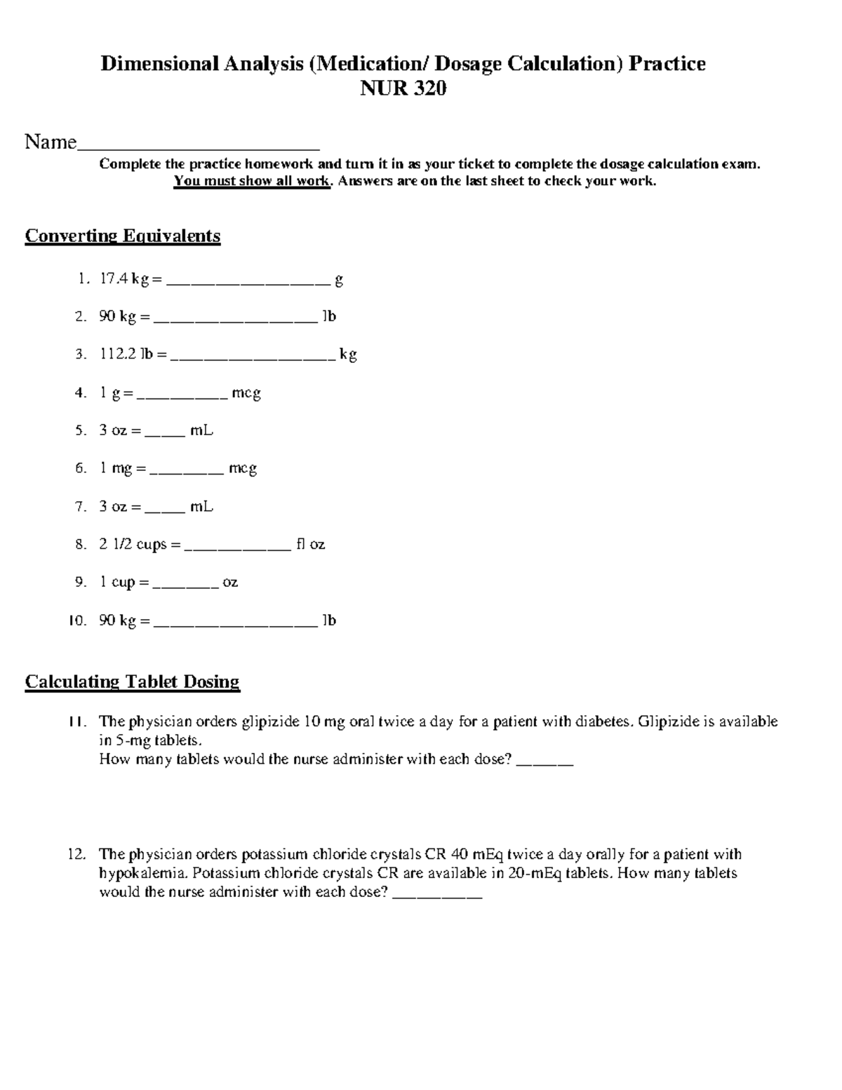 Dosage calc hw - Dimensional Analysis (Medication/ Dosage Calculation ...