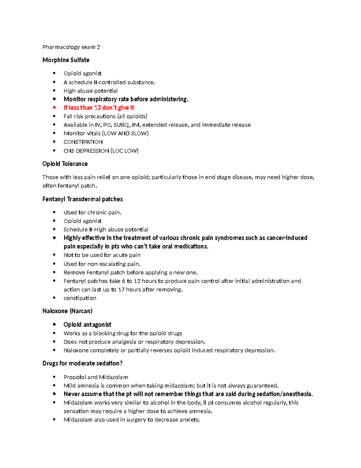 Pharm exam 2 - study guide - Pharmacology exam 2 Morphine Sulfate ...