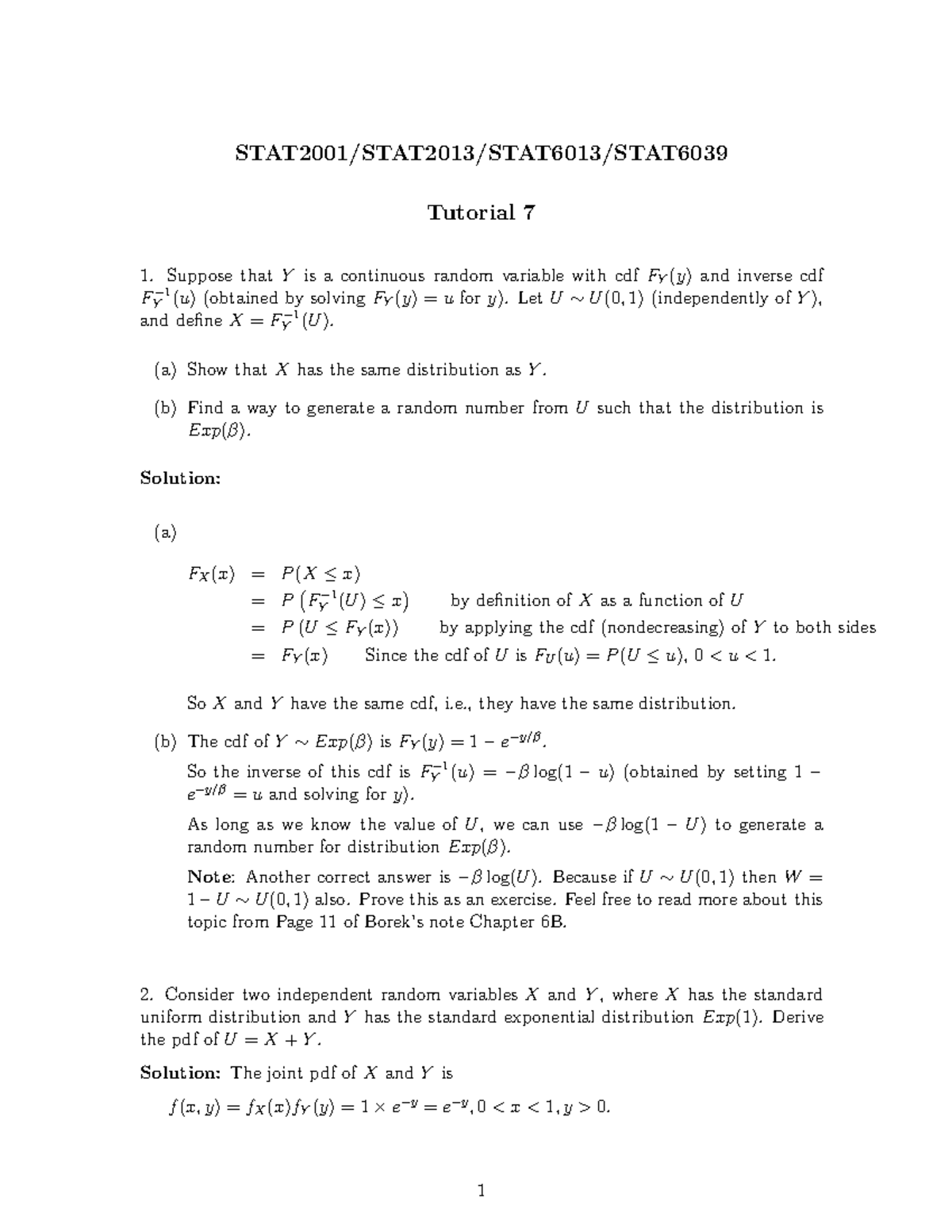 Solution of Tutorial 7 - STAT2001/STAT2013/STAT6013/STAT Tutorial 7 Suppose thatY is a ...