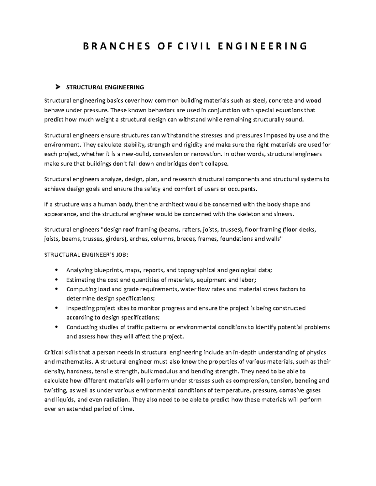 Summary of branches of civil engineering - B R A N C H E S O F C I V I ...