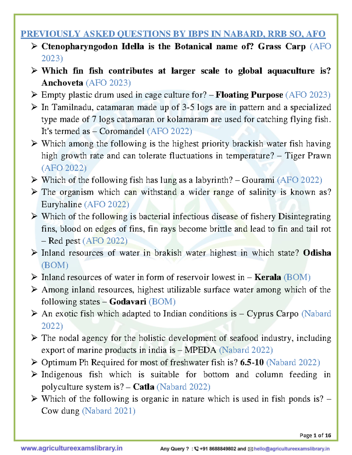 Fisheries Paid pdf 2 - PREVIOUSLY ASKED QUESTIONS BY IBPS IN NABARD ...