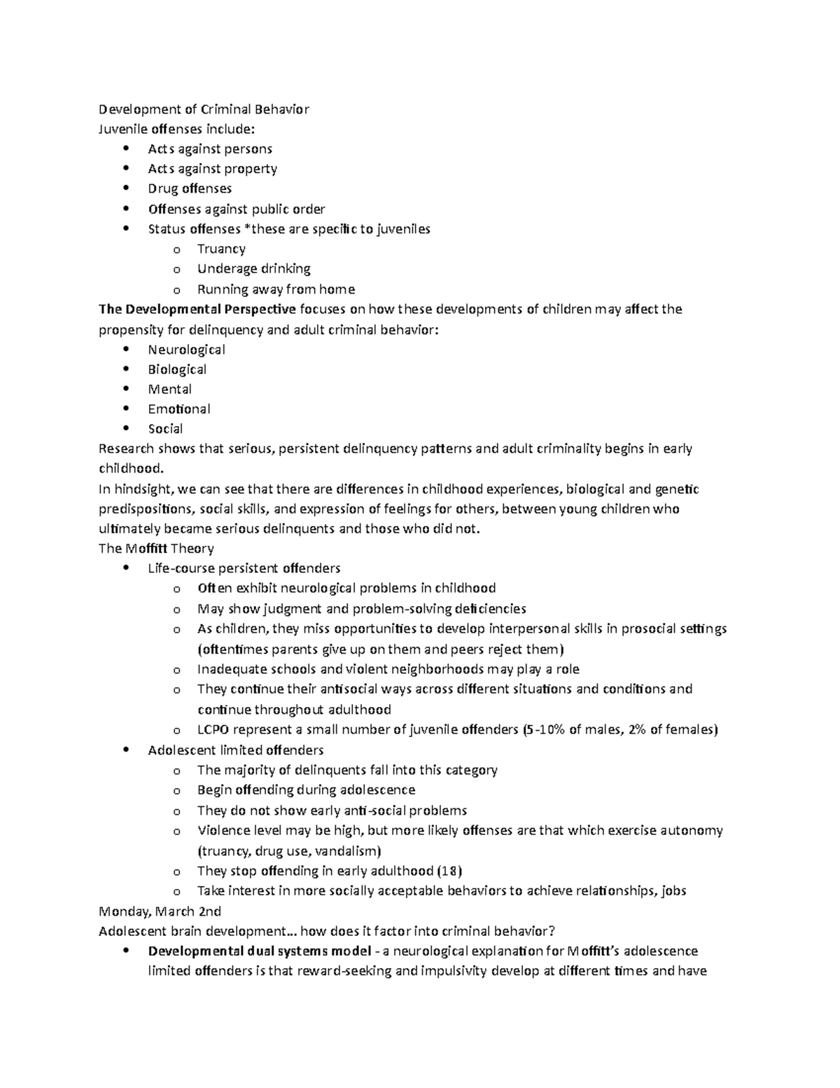 Forensic psychology notes 3/6 of class - Development of Criminal ...