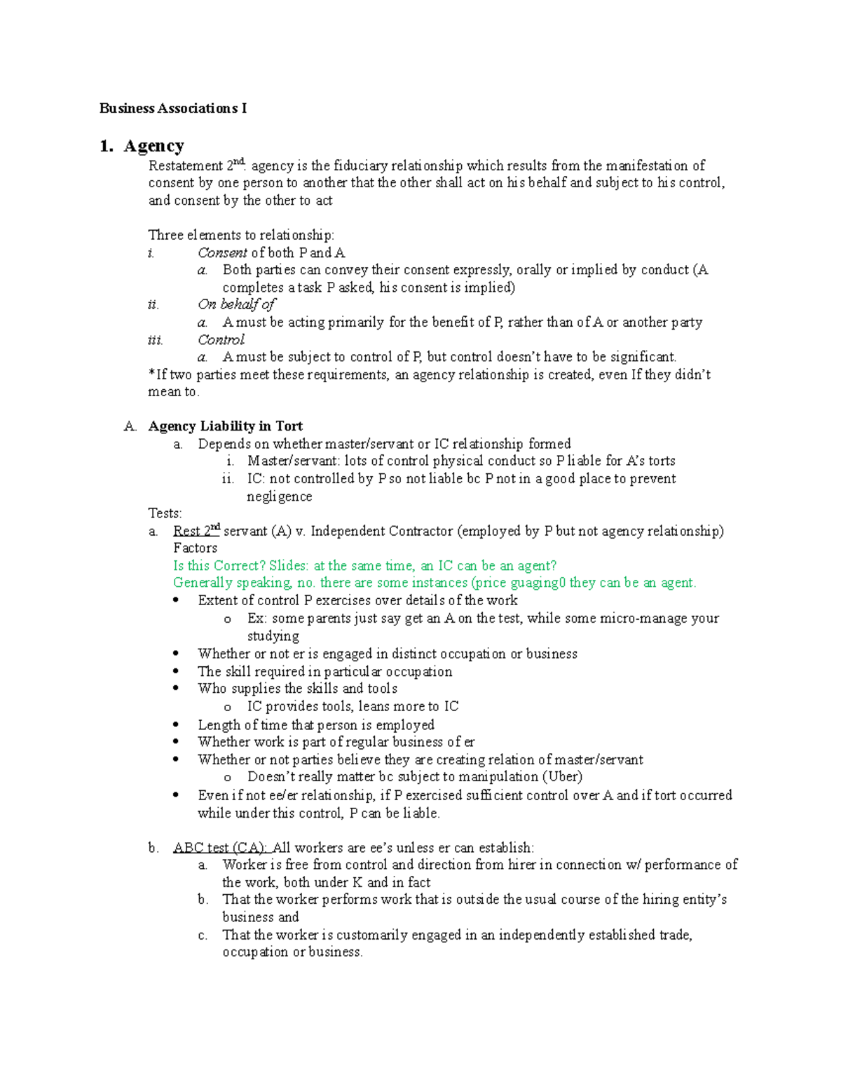 Business Associations I Outline - Business Associations I 1. Agency ...