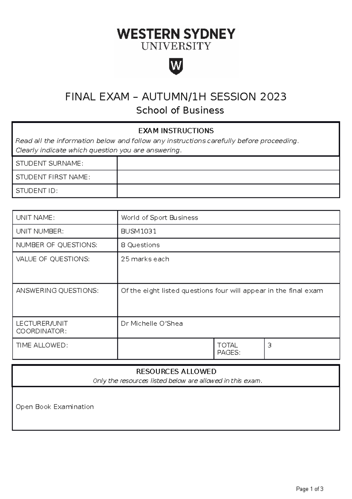 Main Exam Coversheet SOB - Autumn 2023BUSM1031WSBPrerelease 8Def18623 ...