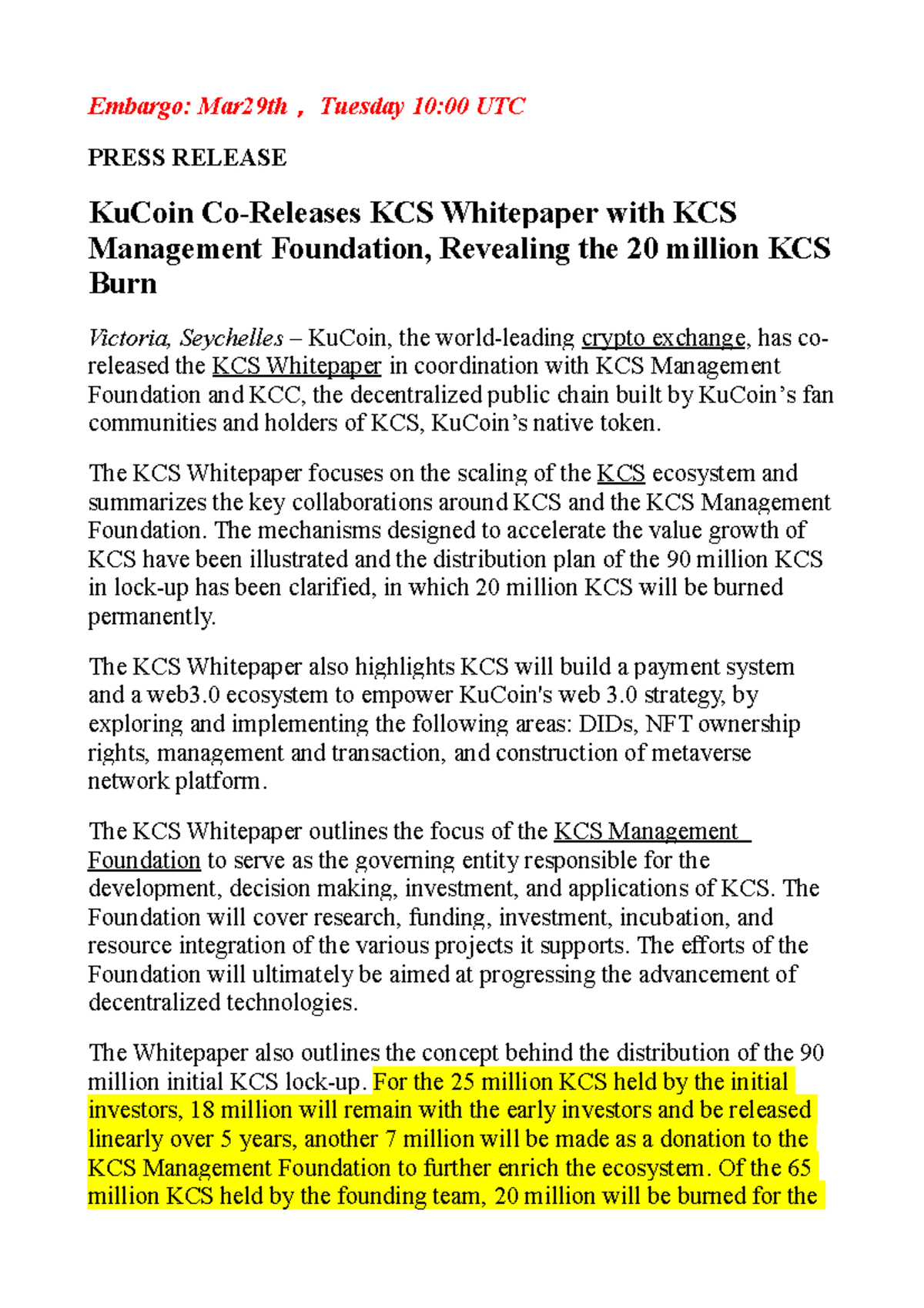 Ku Coin Co Releases KCS Whitepaper with KCS Management Foundation ...