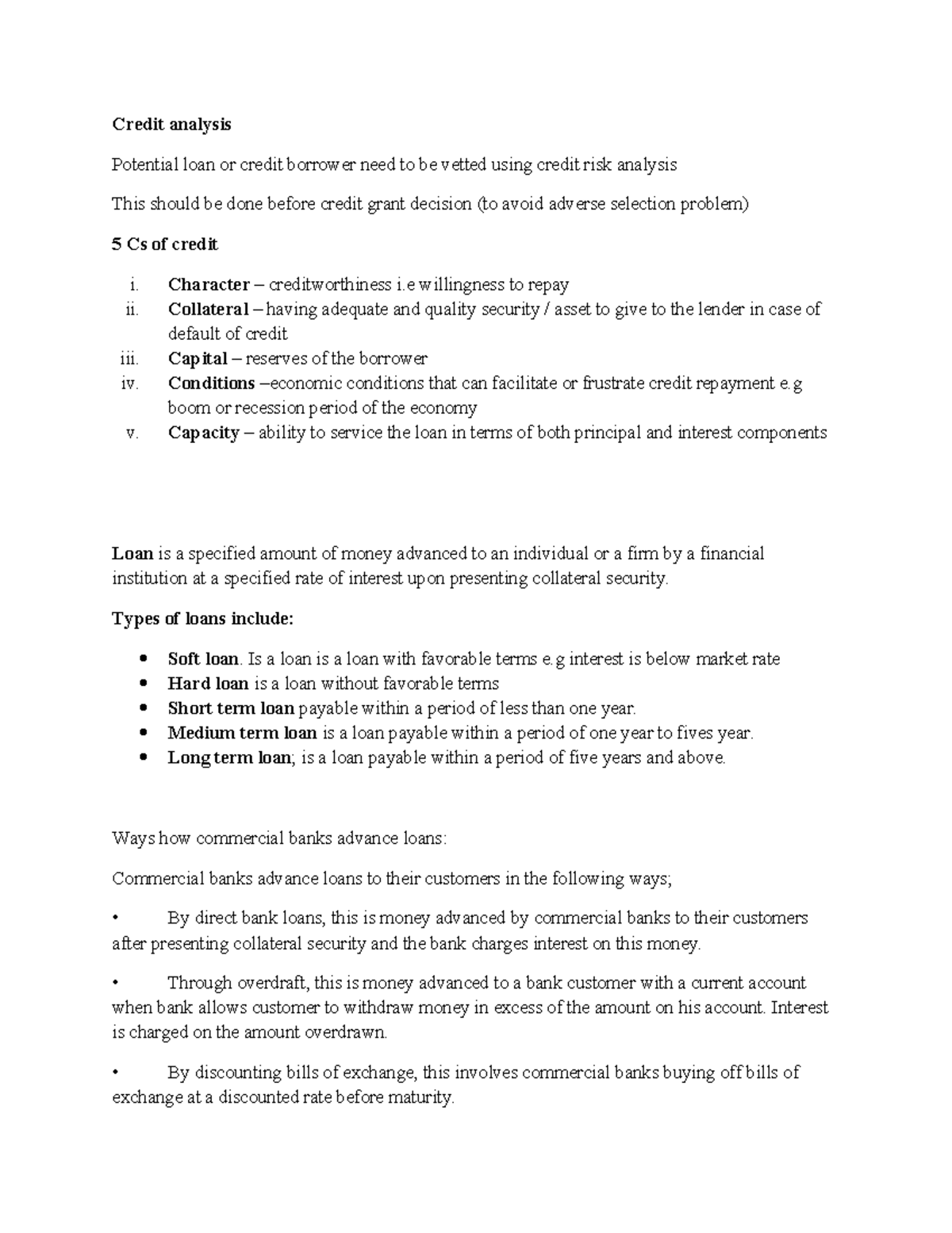 Credit management - notes - Credit analysis Potential loan or credit ...