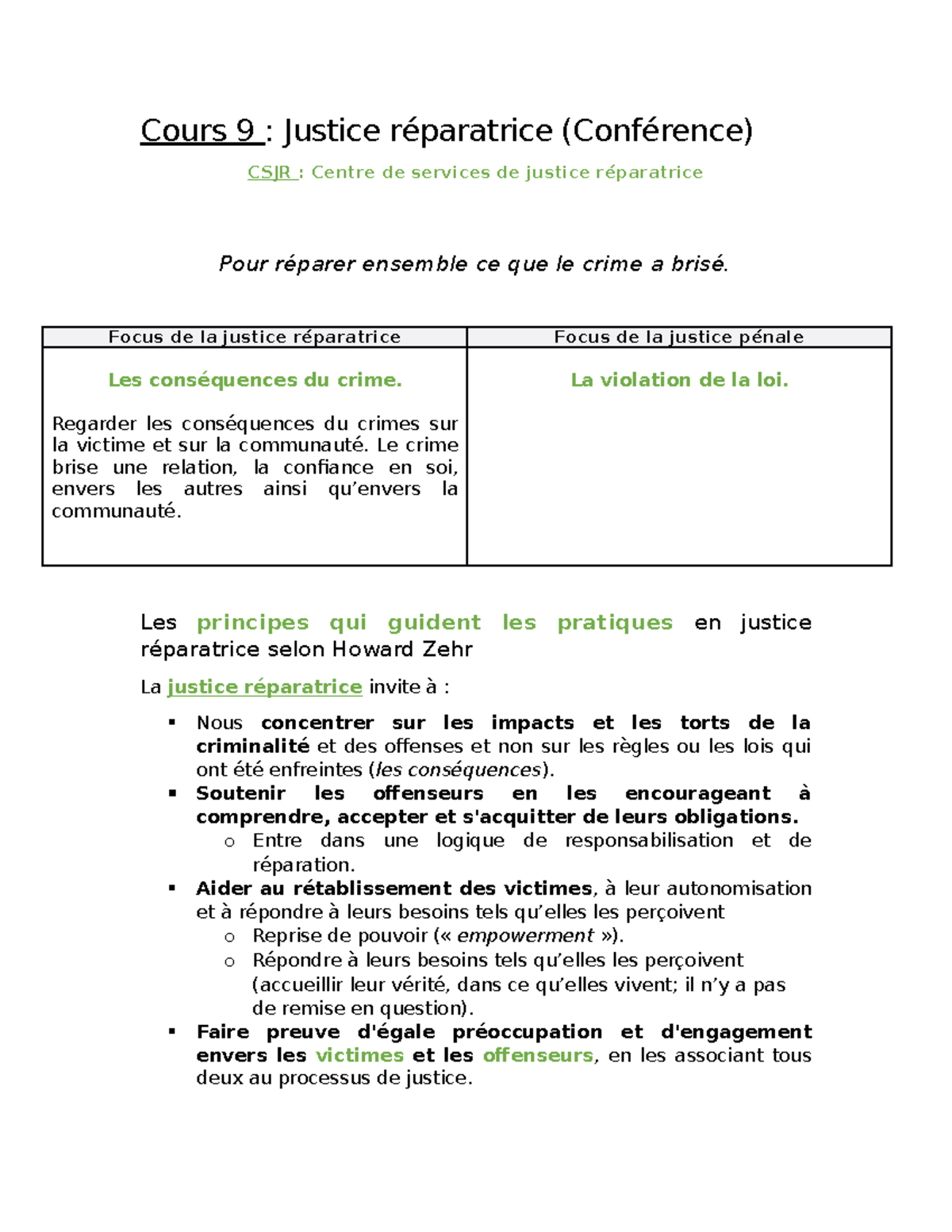Notes de cours Module 9 - Cours 9 : Justice réparatrice (Conférence ...