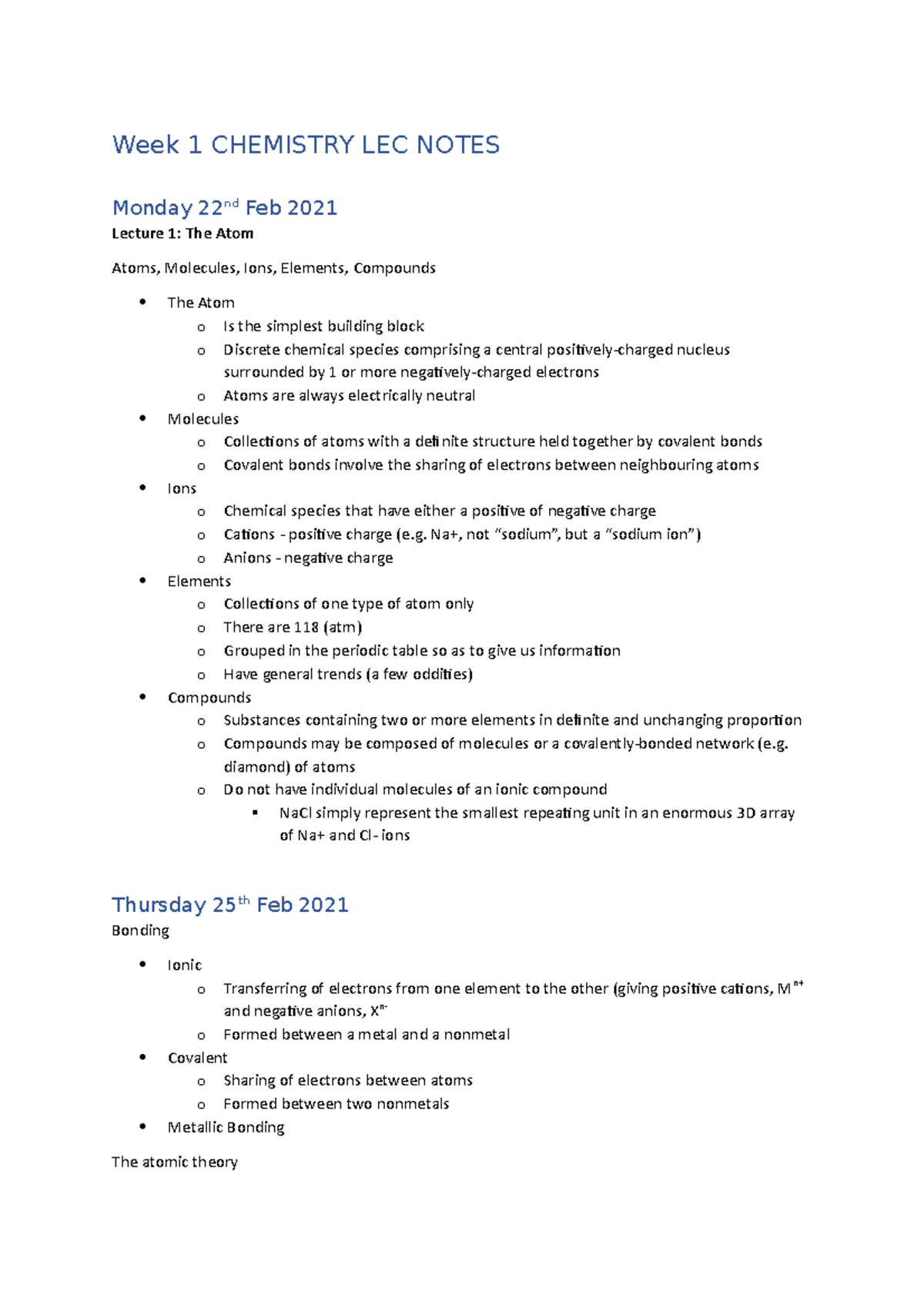 Week 1 Lec Notes - Overview of the atom. - CH1001:03 - JCU - Studocu